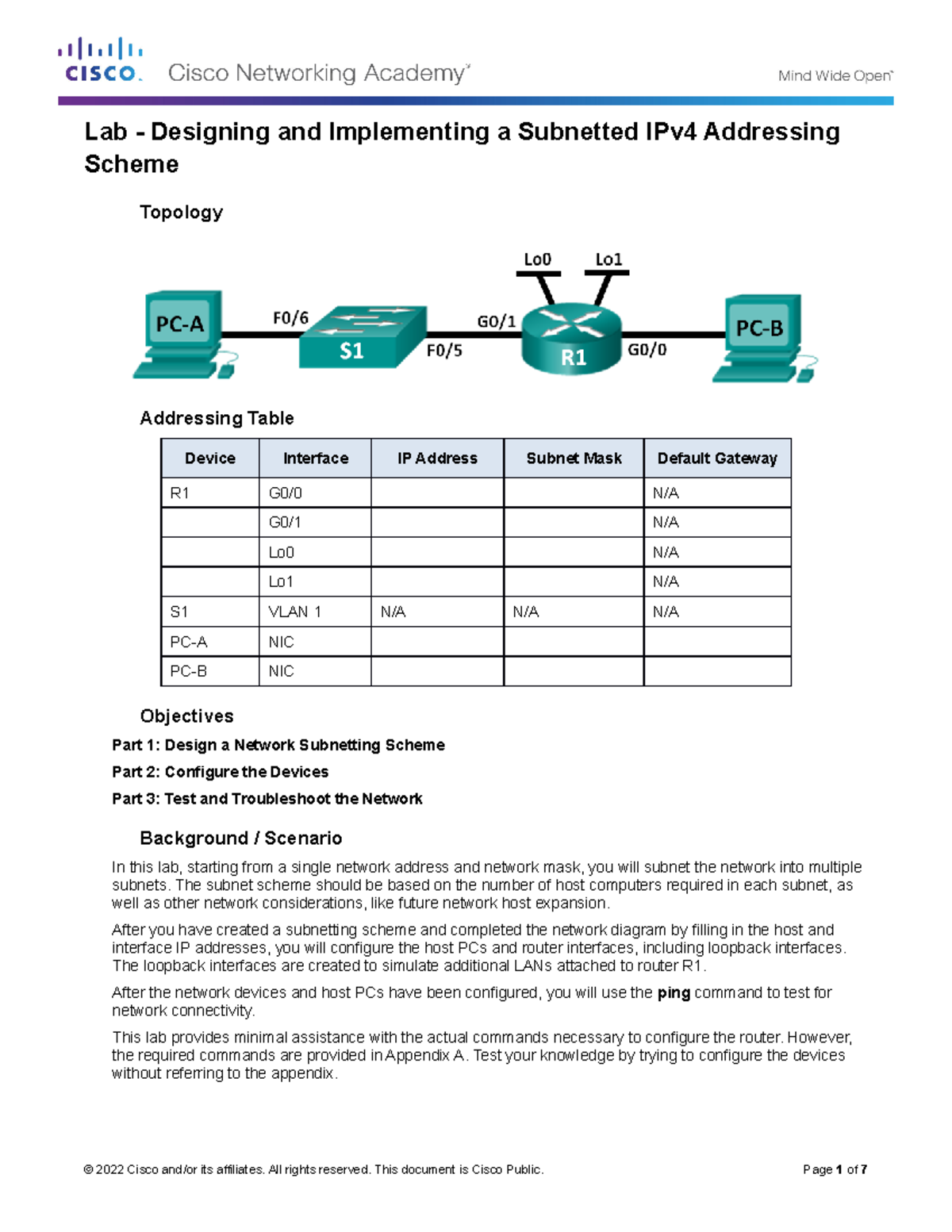Lab - Designing and Implementing a Subnetted IPv4 Addressing Scheme - Lab - Designing and - Studocu