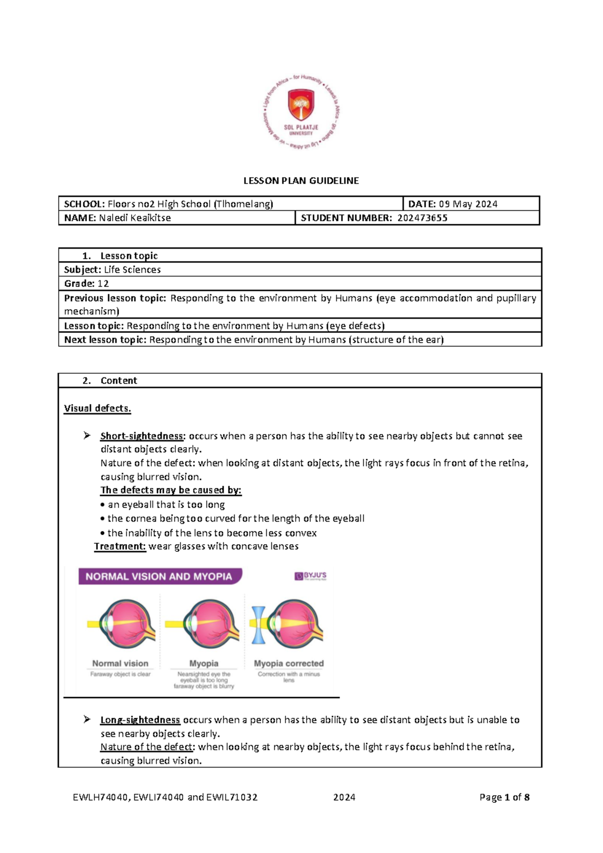 Eye defects lesson plan - LESSON PLAN GUIDELINE SCHOOL: Floors no2 High ...
