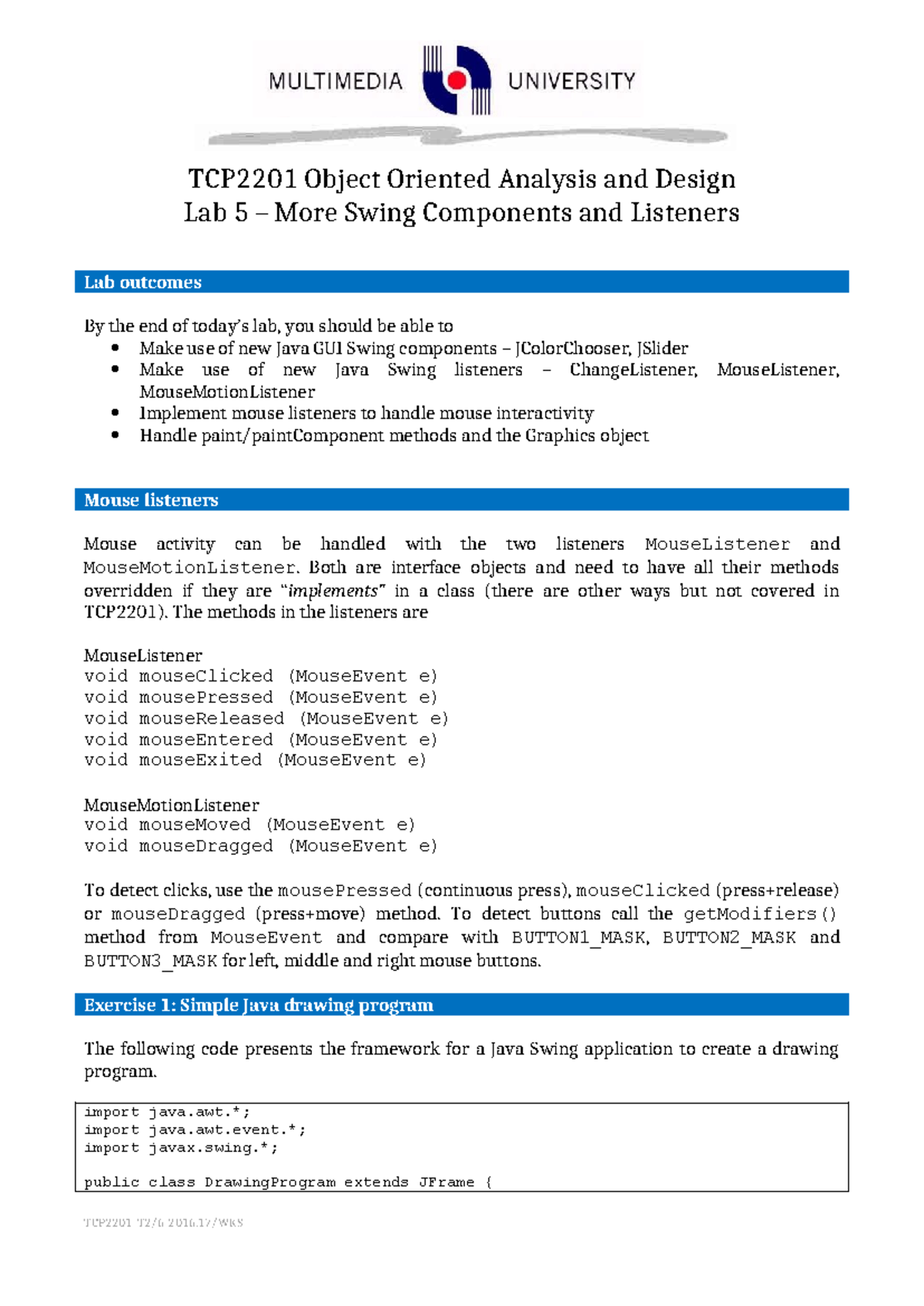 Lab05 More Swing Components And Listeners Tcp2201 Object Oriented Analysis And Design Lab 5