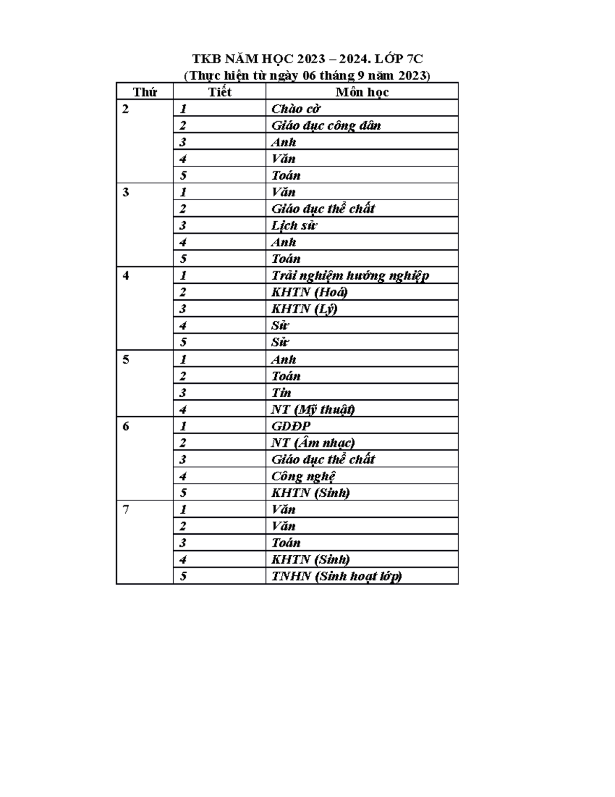 TKB- 23 - 24 - thời khoá biểu - Nguyên lý kế toán - TKB NĂM HỌC 2023 – 2024. LỚP 7C (Thực hiện ...