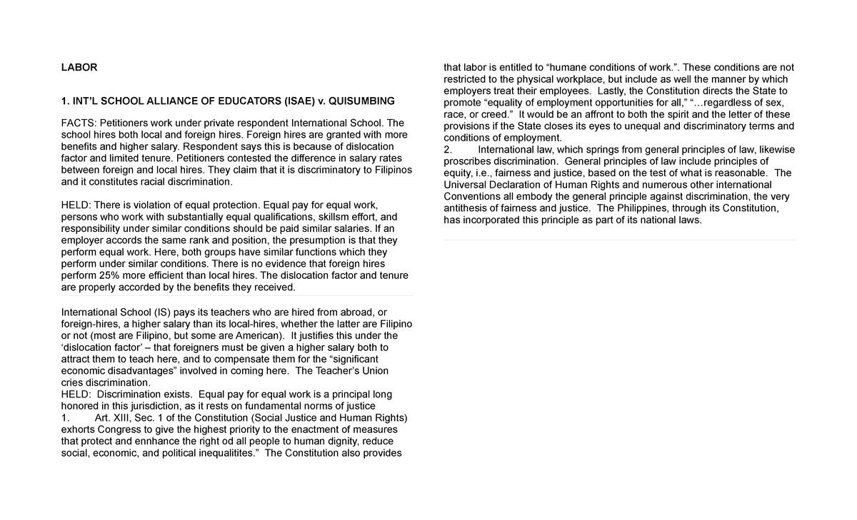 232224899 Labor Standards Case Digests - LABOR INT’L SCHOOL ALLIANCE OF ...