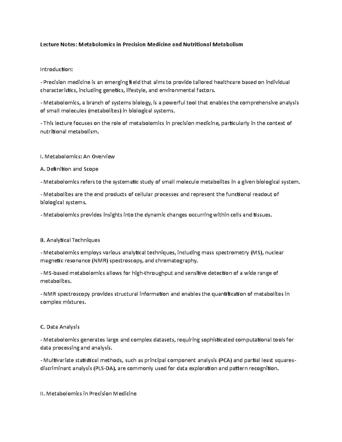 Lecture Notes: Metabolomics in Precision Medicine and Nutritional ...