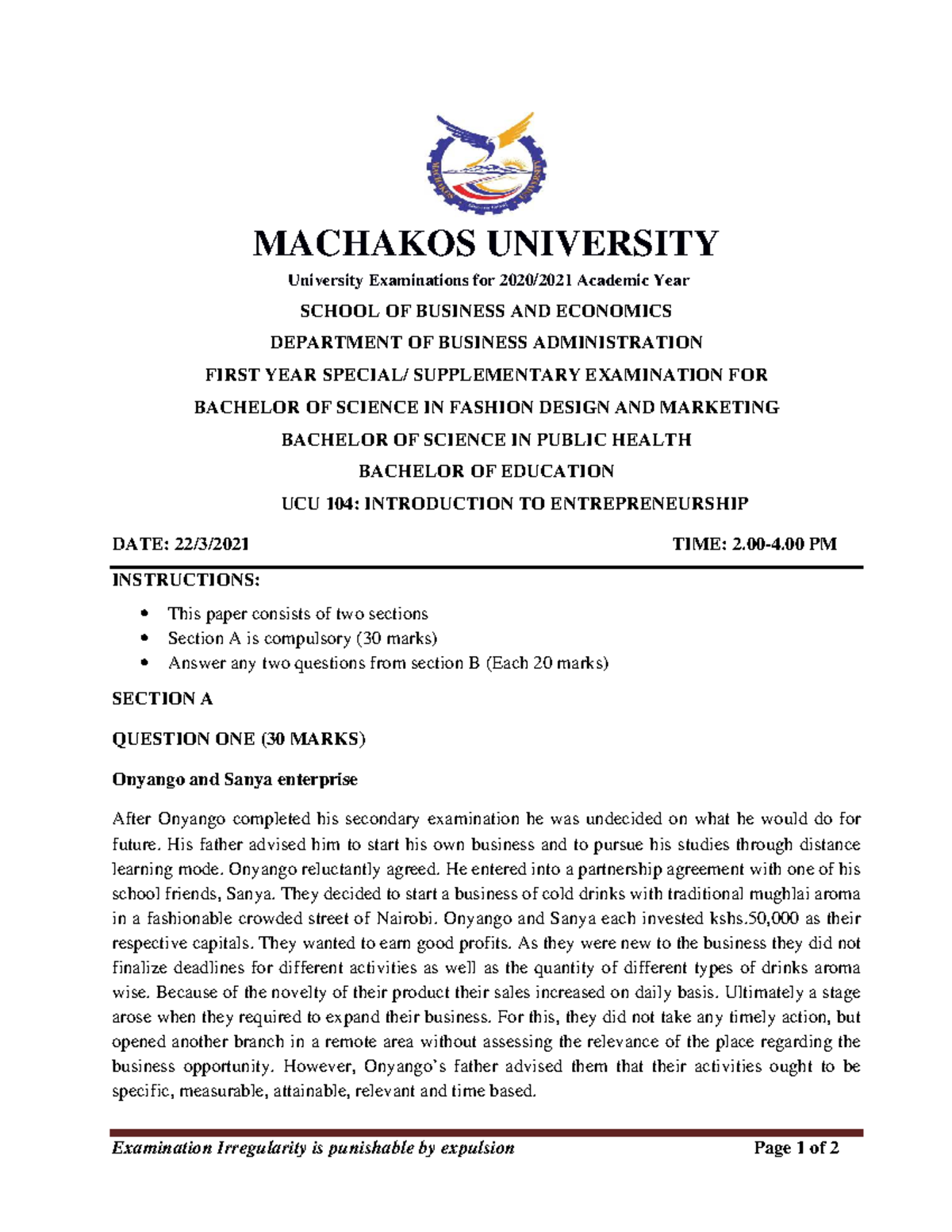 UCU 104 Introduction TO Entrepreneurship - Examination Irregularity is punishable by expulsion ...