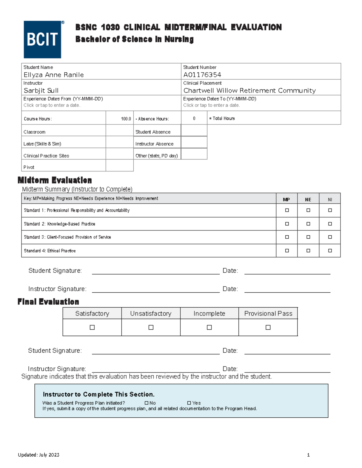 1030 Clinical Evaluation Form - Midterm - BSNC 1030 CLINICAL MIDTERM ...