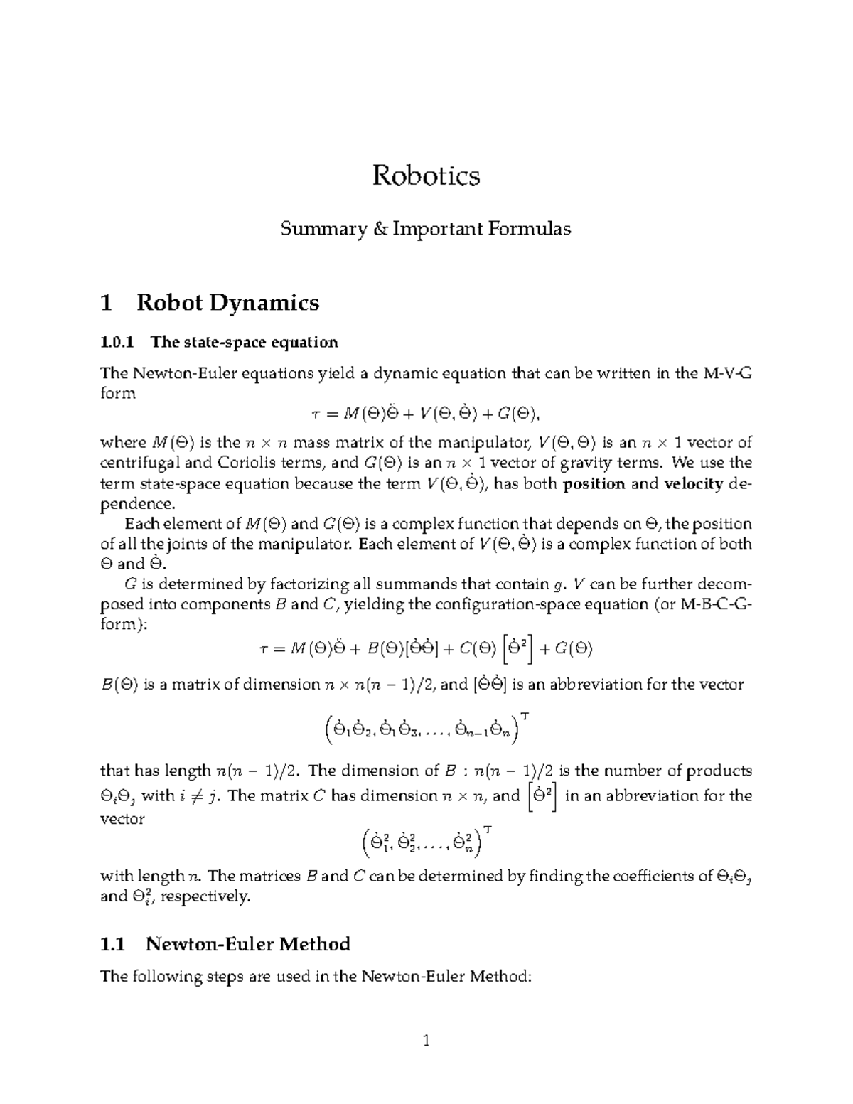 Robot Dynamics - Newton Euler - Summary - Robotics Summary & Important Formulas 1 Robot Dynamics ...