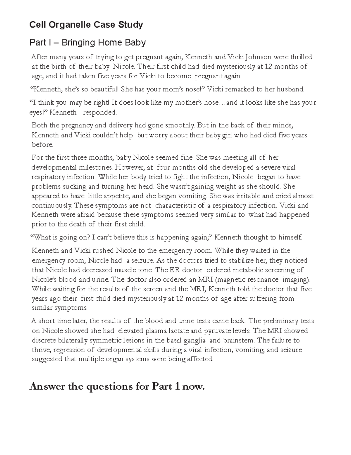 Cell Organelle Case Study-Reading - Cell Organelle Case Study Part I ...