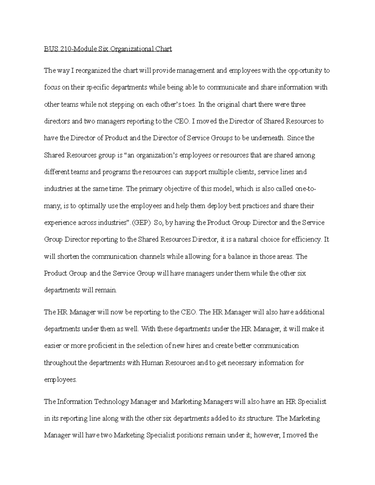 BUS 210 6-3 Module Six Organizational Chart Explanation - BUS 210 ...