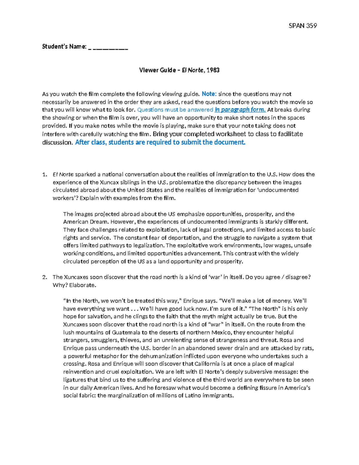 Viewing Guide - El Norte - Student’s Name: _ ___________ Viewer Guide ...