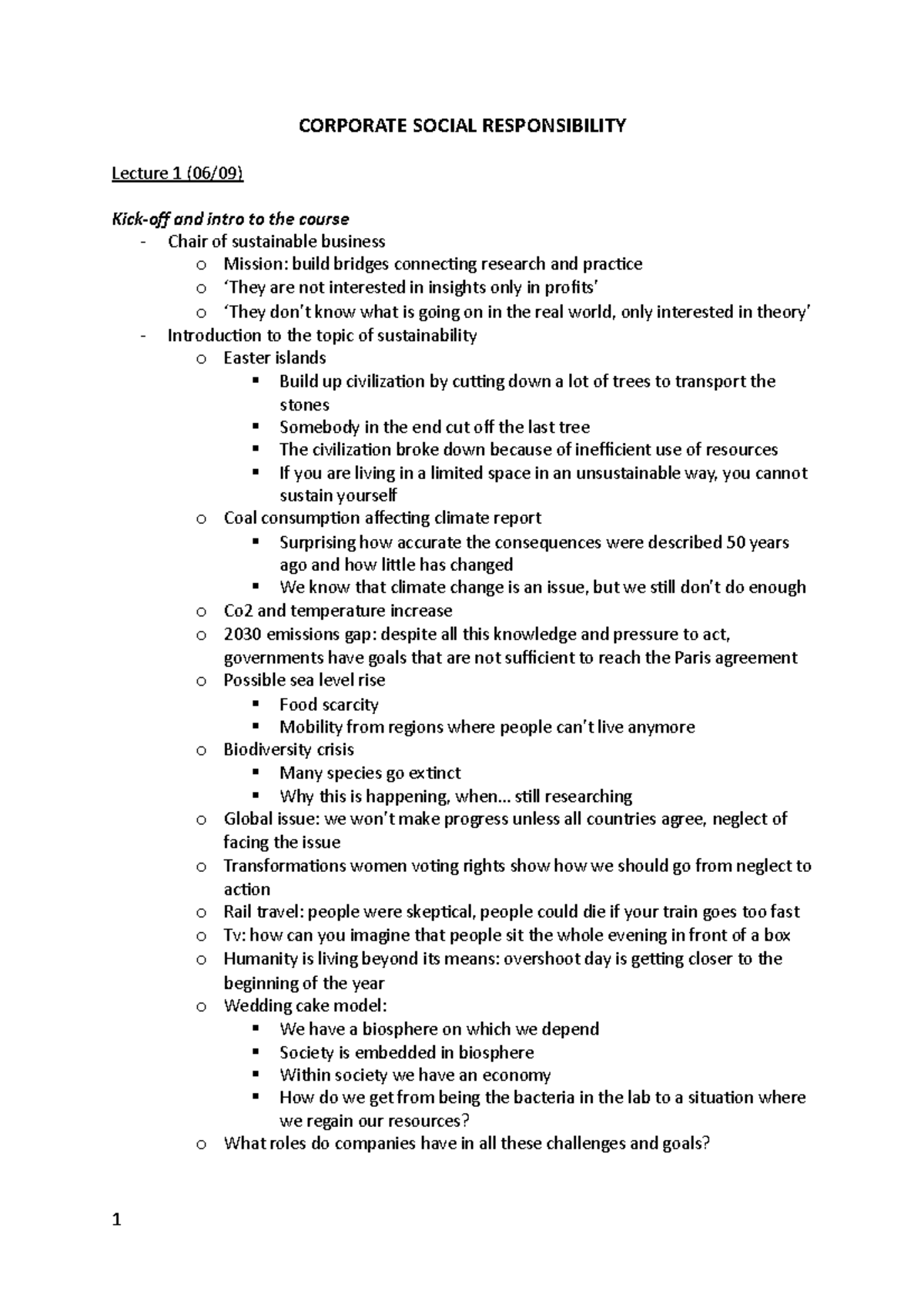 CSR Notes - CORPORATE SOCIAL RESPONSIBILITY Lecture 1 (06/09) Kick-off ...