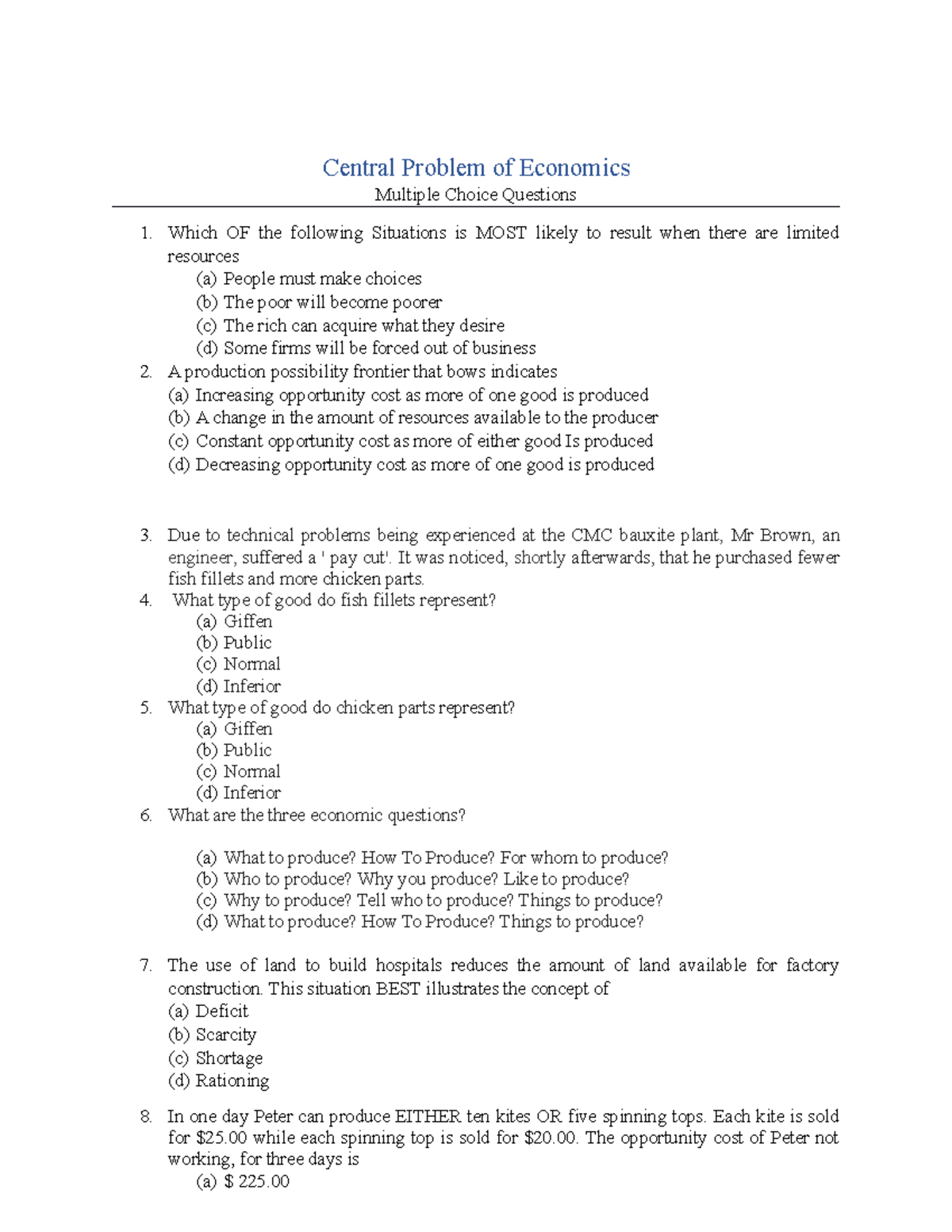 Central Problem of Economics Practice Questions - Central Problem of ...