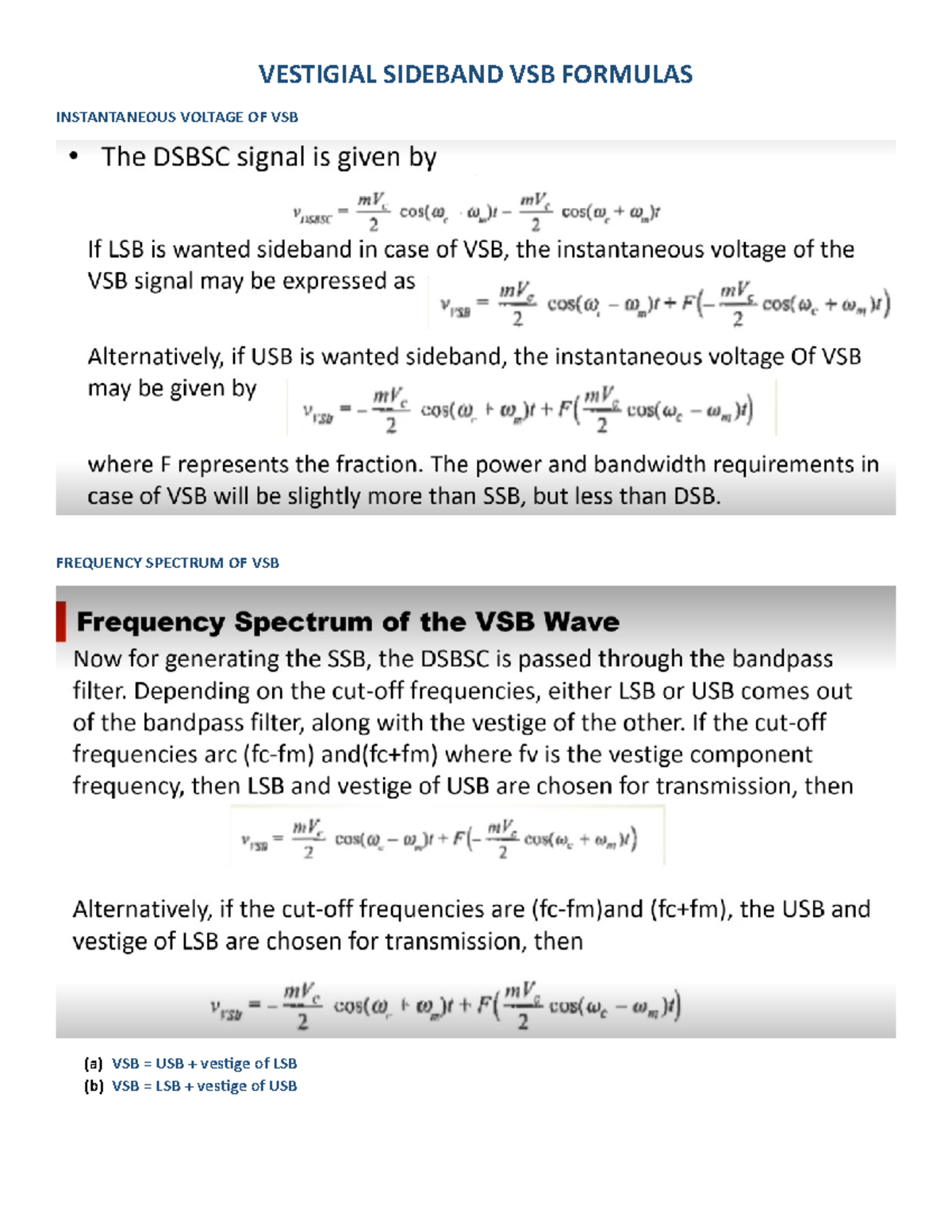 Comms VSB Formulas - Formula Compilation - VESTIGIAL SIDEBAND VSB ...