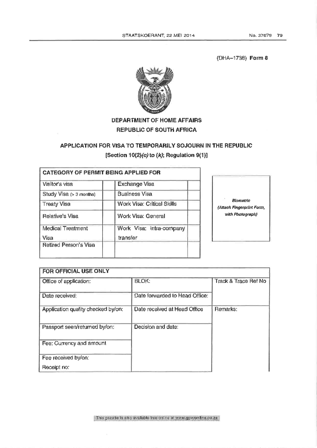 Dha 1738 form 8 - Law of south Africa to foreign nationals ...