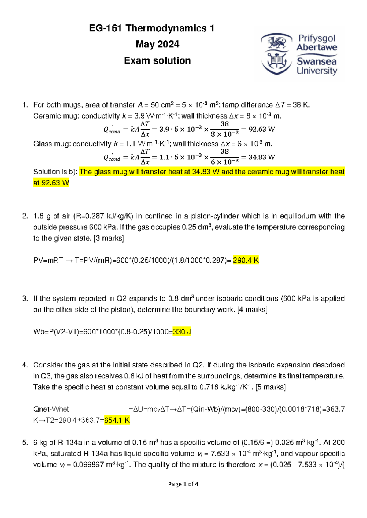 EG-161 exam Sol may24 - Exam solution - EG-161 Thermodynamics 1 May 202 ...