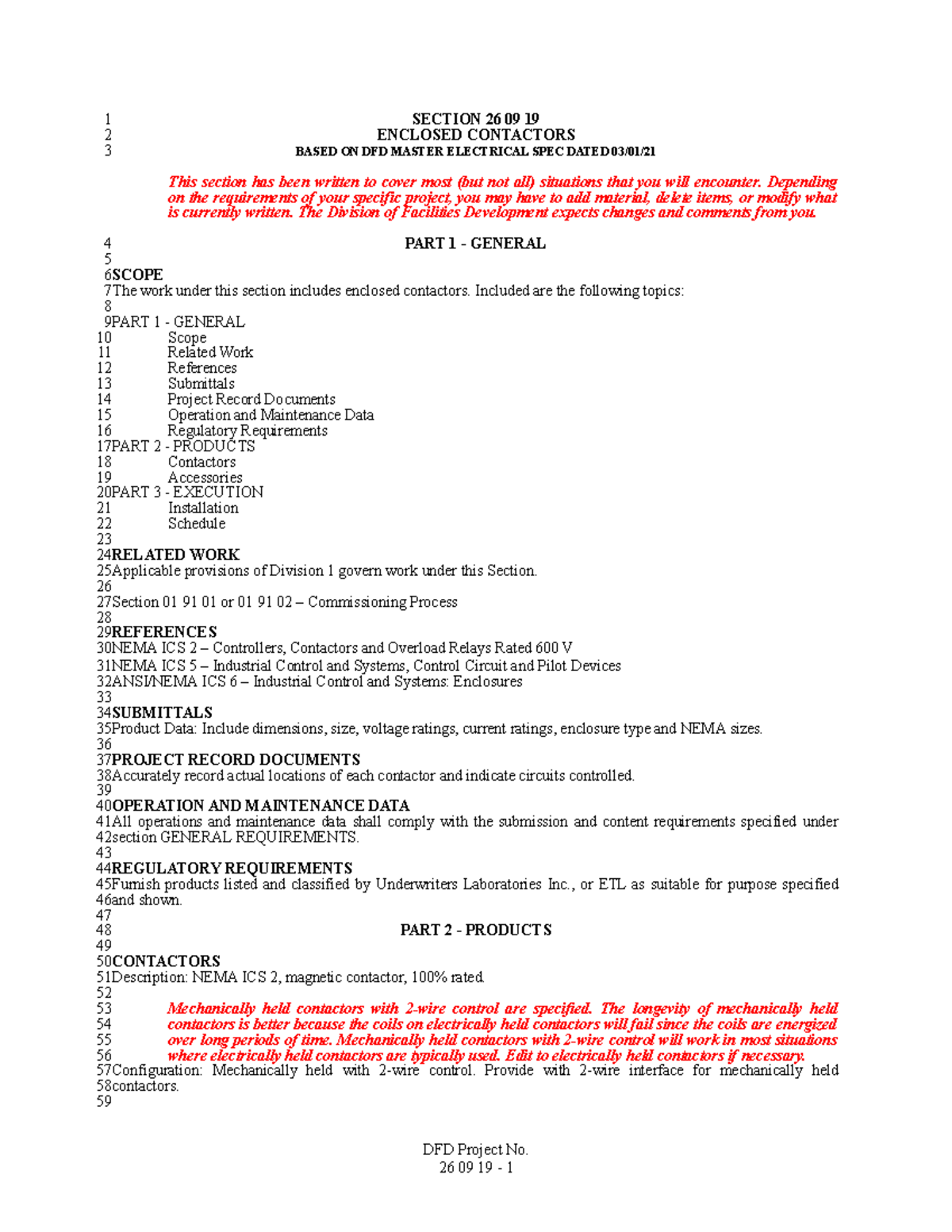 26 09 19 - Ndjddj - SECTION 26 09 19 ENCLOSED CONTACTORS BASED ON DFD ...