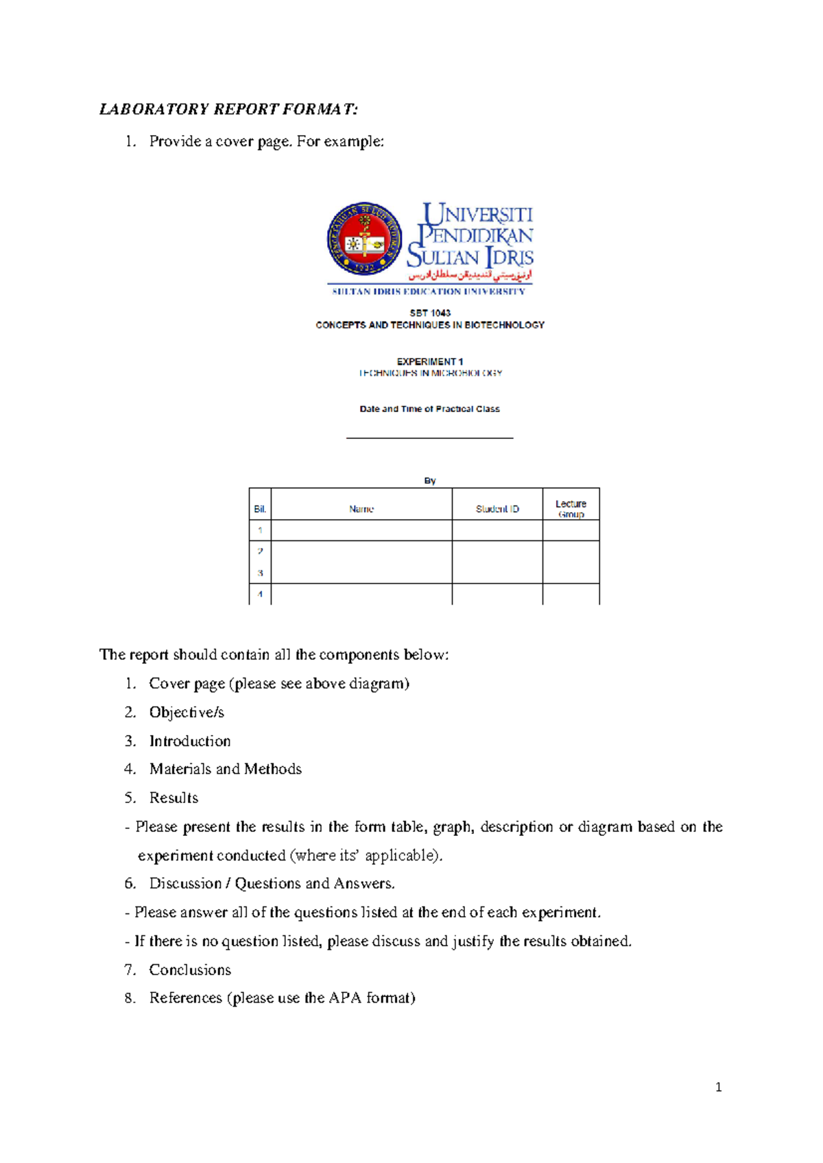 Laboratory Report Format 25 DIS 2023 - 1 LABORATORY REPORT FORMAT ...