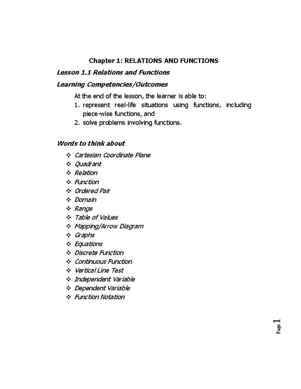 Chapter 1 General Mathematics Module - 1 Chapter 1: RELATIONS AND FUNCTIONS Lesson 1 Relations ...