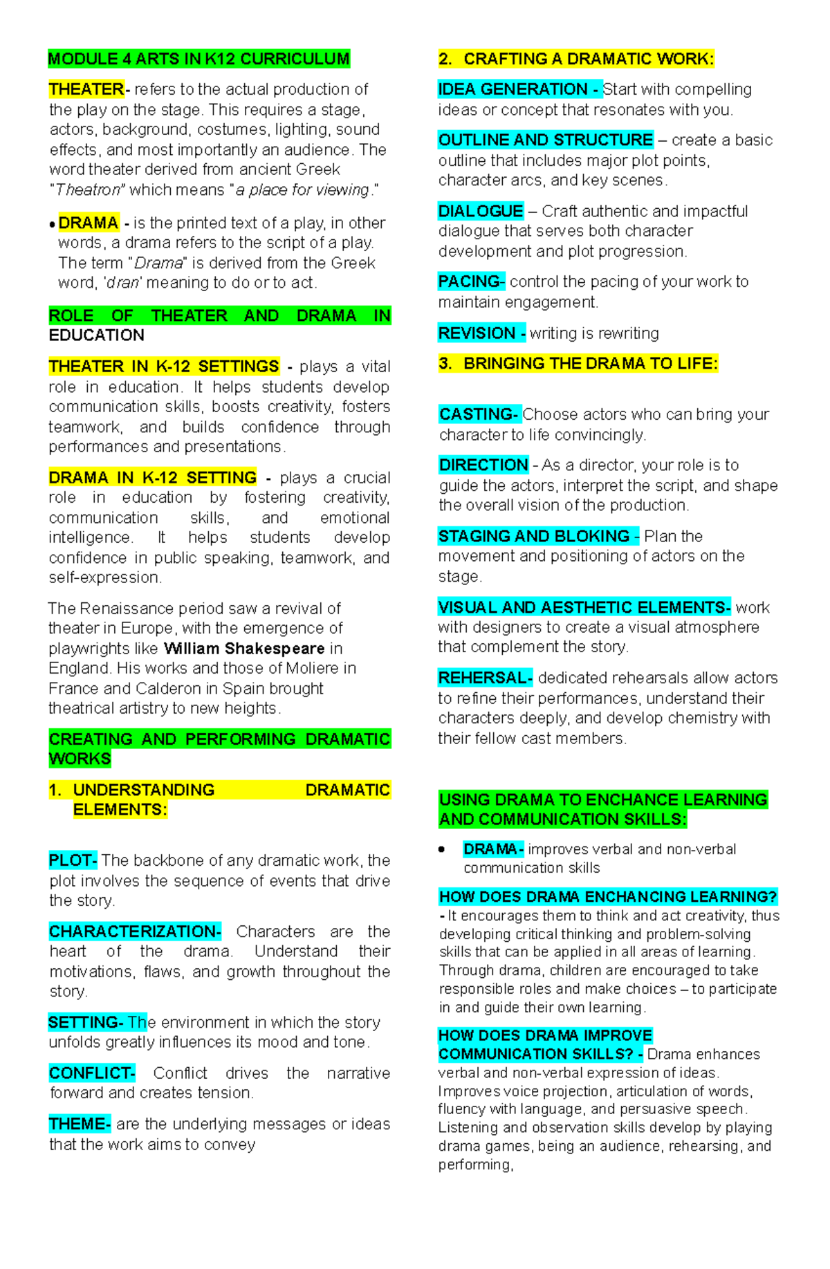 Module 4 ARTS IN K12 Curriculum - MODULE 4 ARTS IN K12 CURRICULUM THEATER- refers to the actual ...