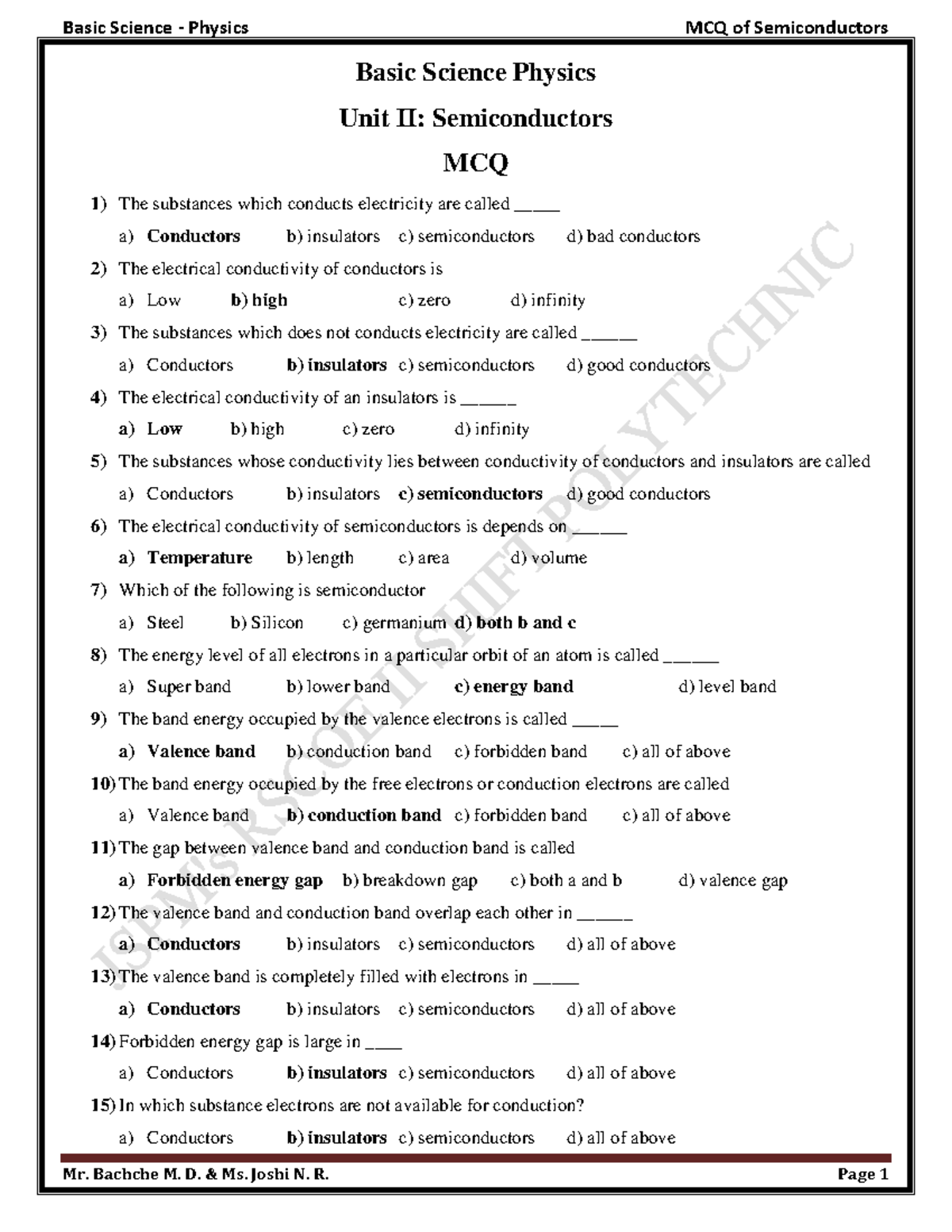 MCQ Semiconductor - sdfdfsdfsd - Basic Science Physics Unit II: Semiconductors MCQ The ...