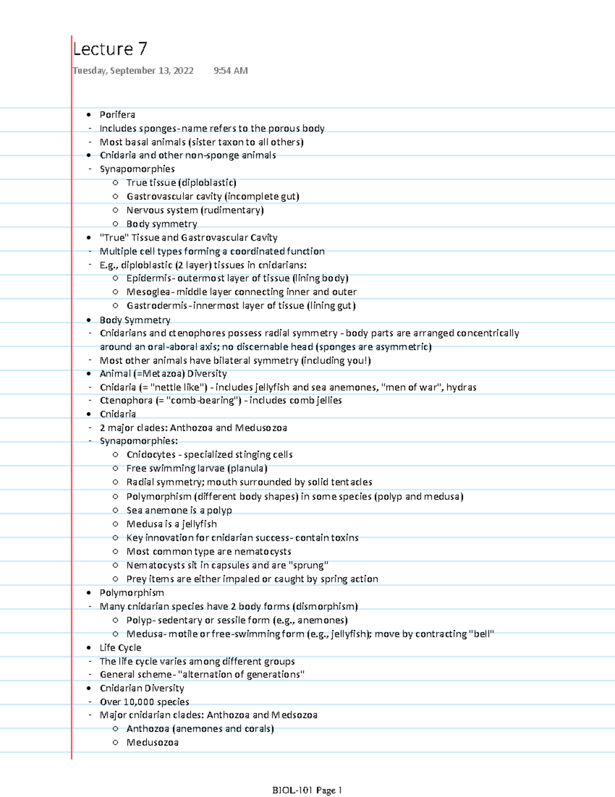 Lecture 7 biol-101 - Porifera Includes sponges- name refers to the ...
