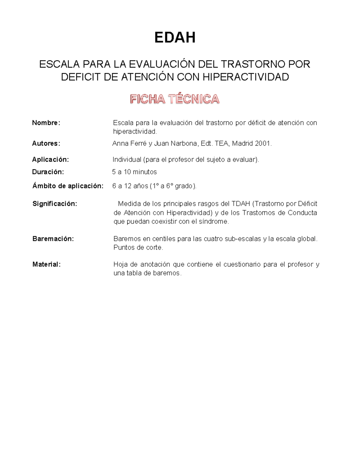 EDAH Escala PARA LA Evaluacion DEL Trast - EDAH ESCALA PARA LA ...