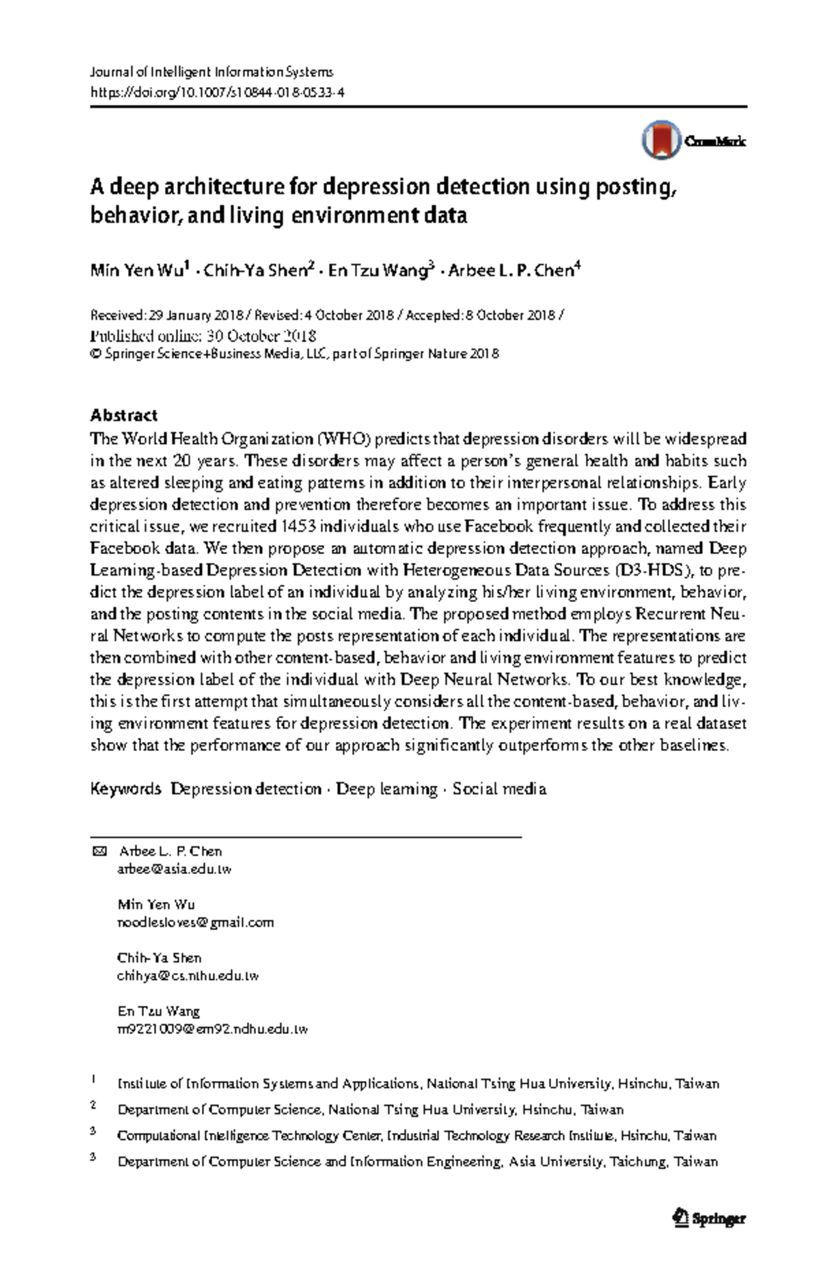 Depression twoHhshzhzh - doi/10.1007/s10844-018-0533- A deep ...