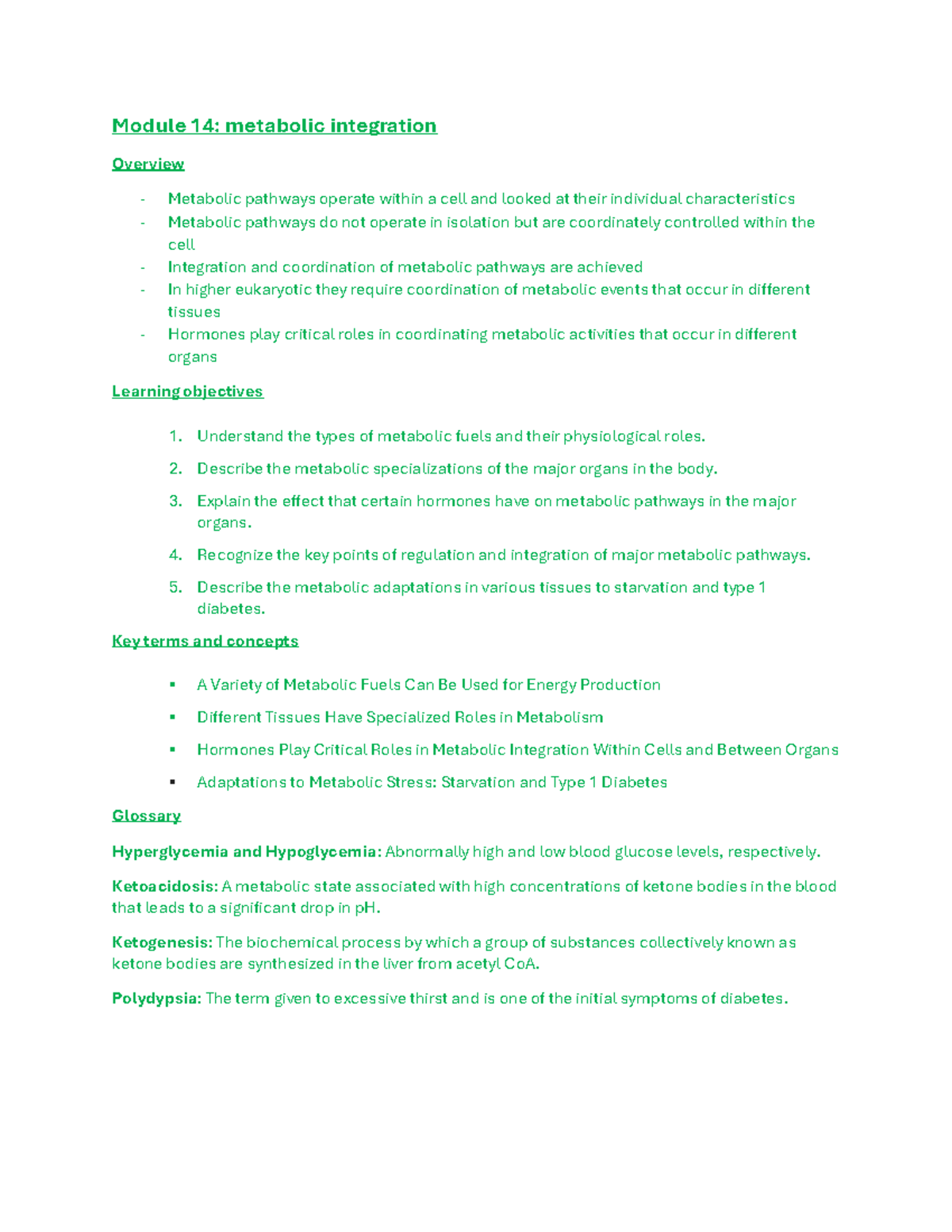 Module 14 - Module 14: metabolic integration Overview - Metabolic ...