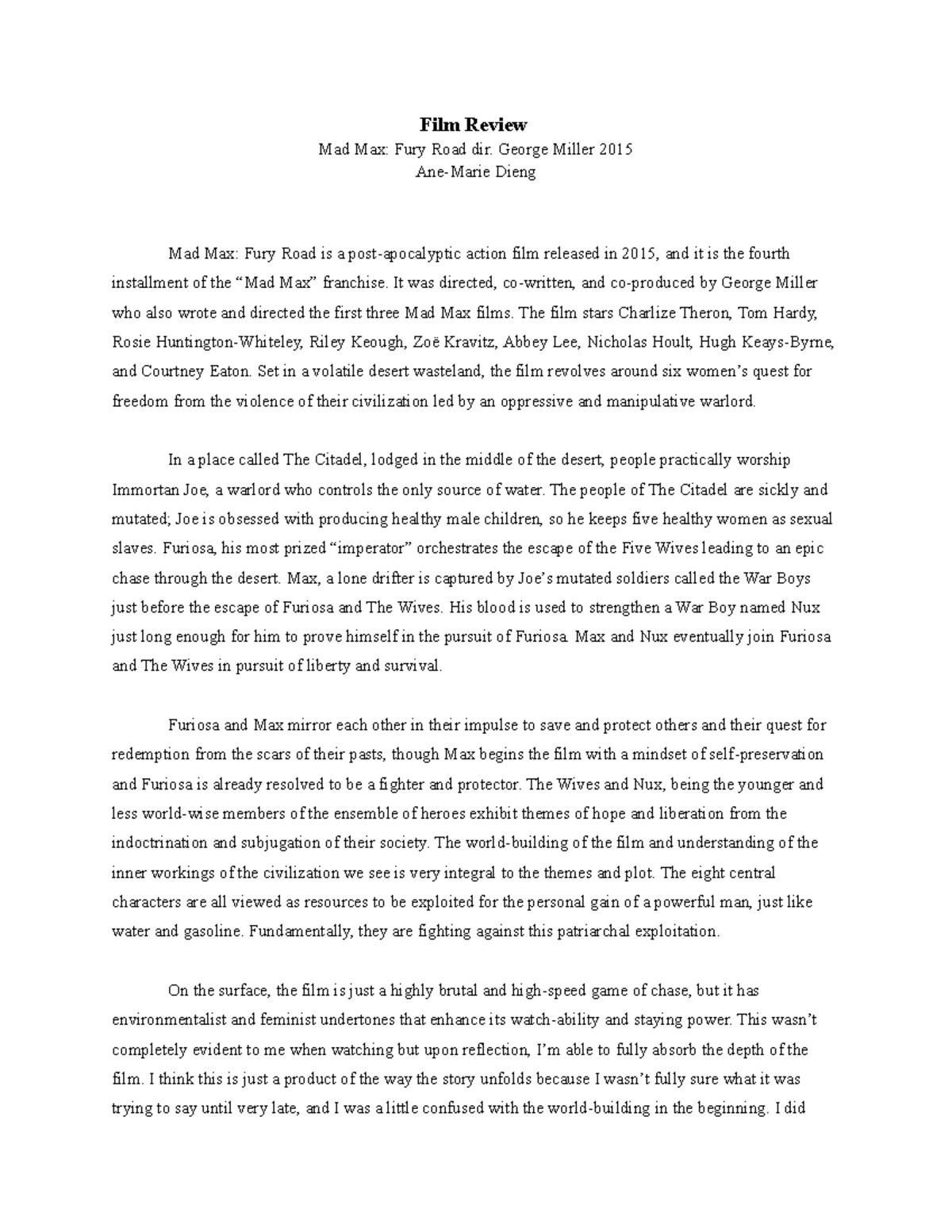 Film Review - Mad Max Fury Road - Film Review Mad Max: Fury Road dir ...