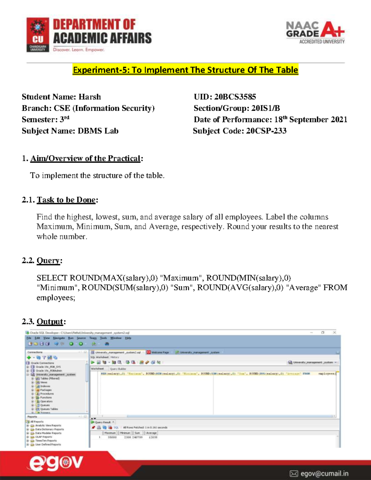 Worksheet 5 DBMS 20BCS3585 - Database Systems - Studocu