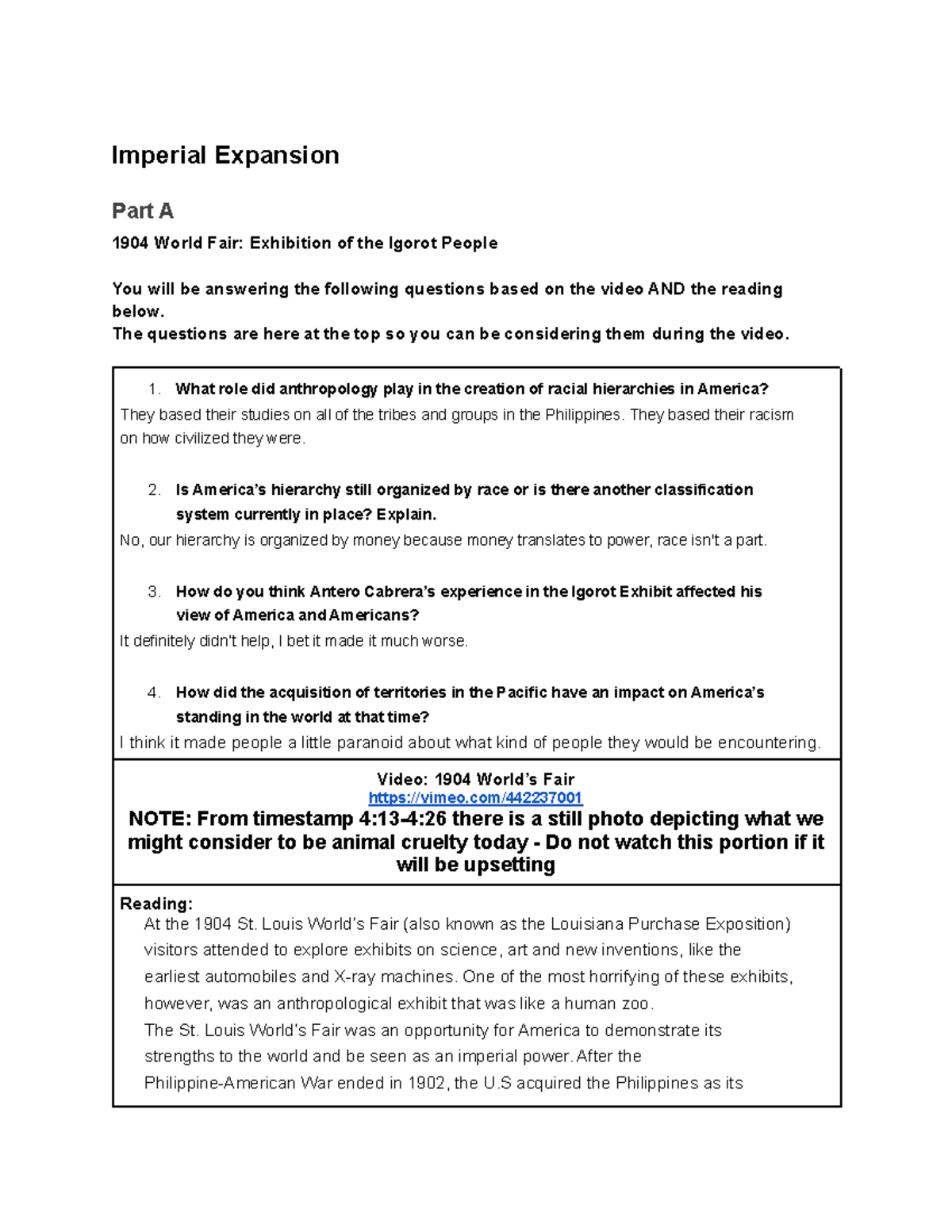 Copy of Imperial Expansion - Imperial Expansion Part A 1904 World Fair ...