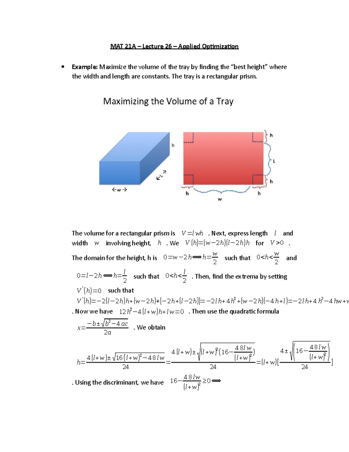 MAT 21A – Lecture 26 – Applied Optimization - MAT 21A Lecture 26 ...