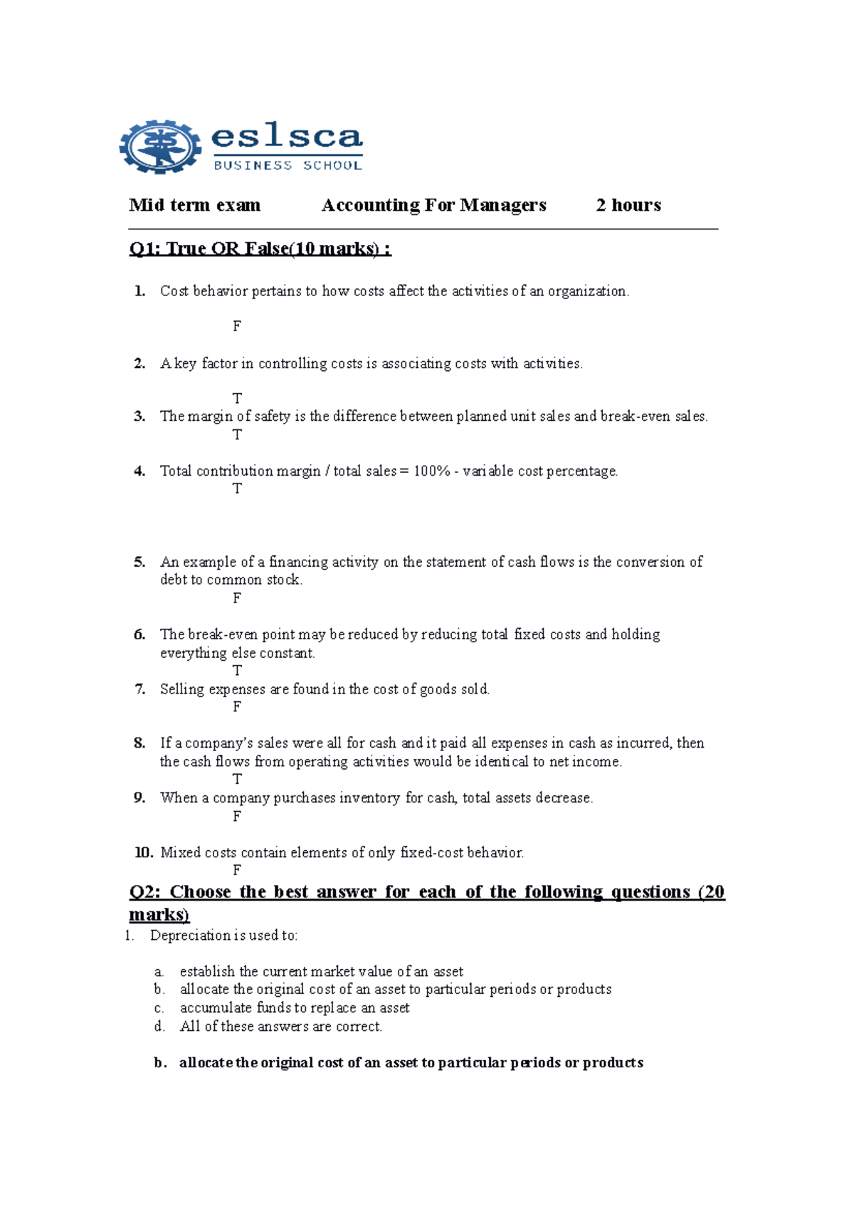 Test 3 Bank 2020/2021 - Mid term exam Accounting For Managers 2 hours ...