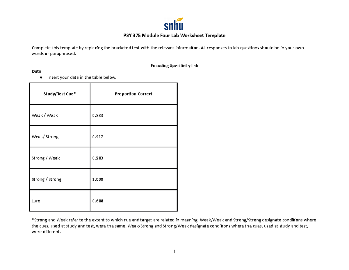 PSY 375 Module Four Lab Worksheet Template - PSY 375 Module Four Lab ...