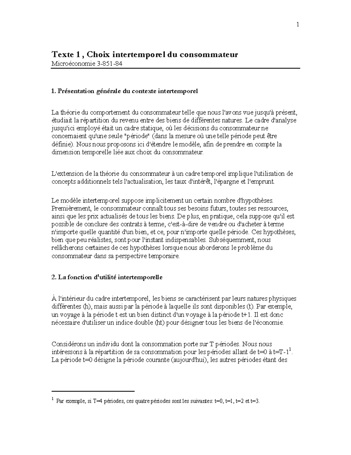 Texte I - Le choix inter temporaire du consommateur - Texte 1 , Choix ...