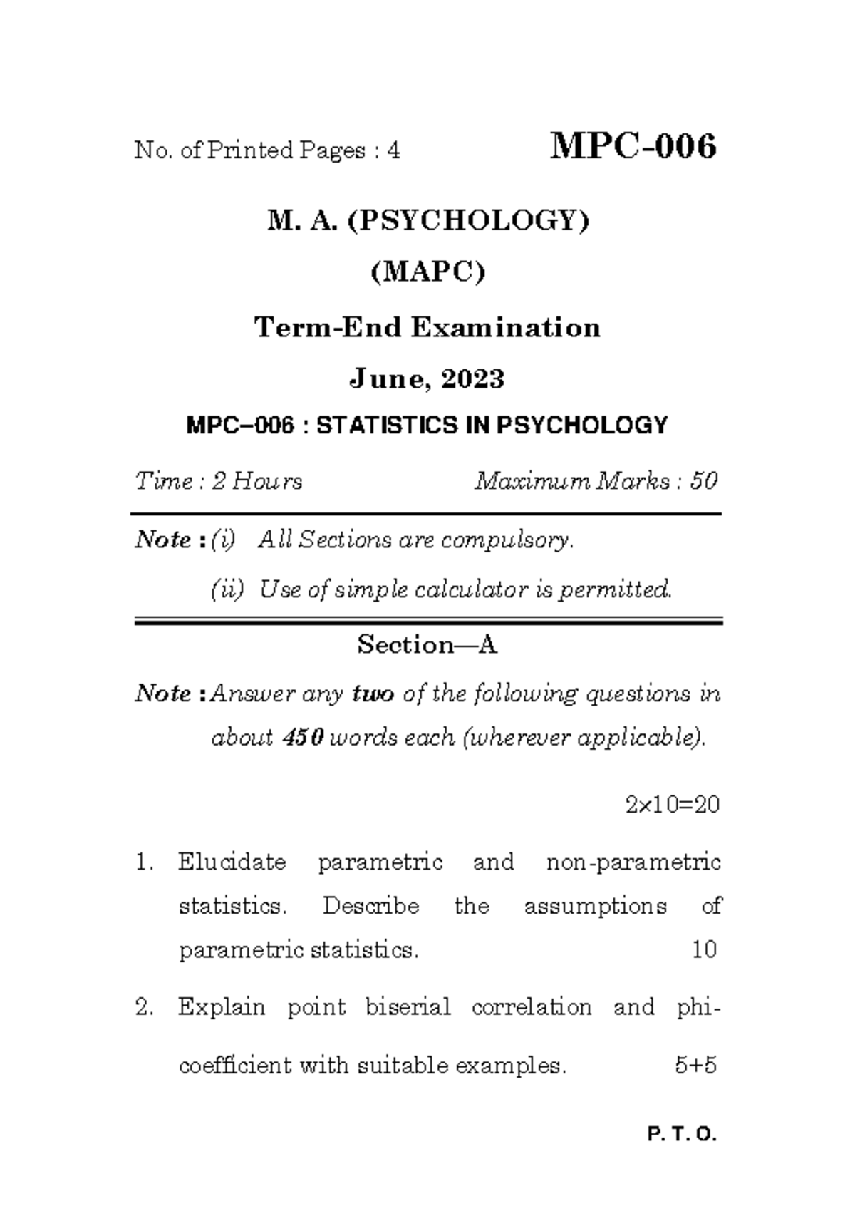 Psychopathology - P. T. O. No. of Printed Pages : 4 MPC- M. A. (PSYCHOLOGY) (MAPC) Term-End ...