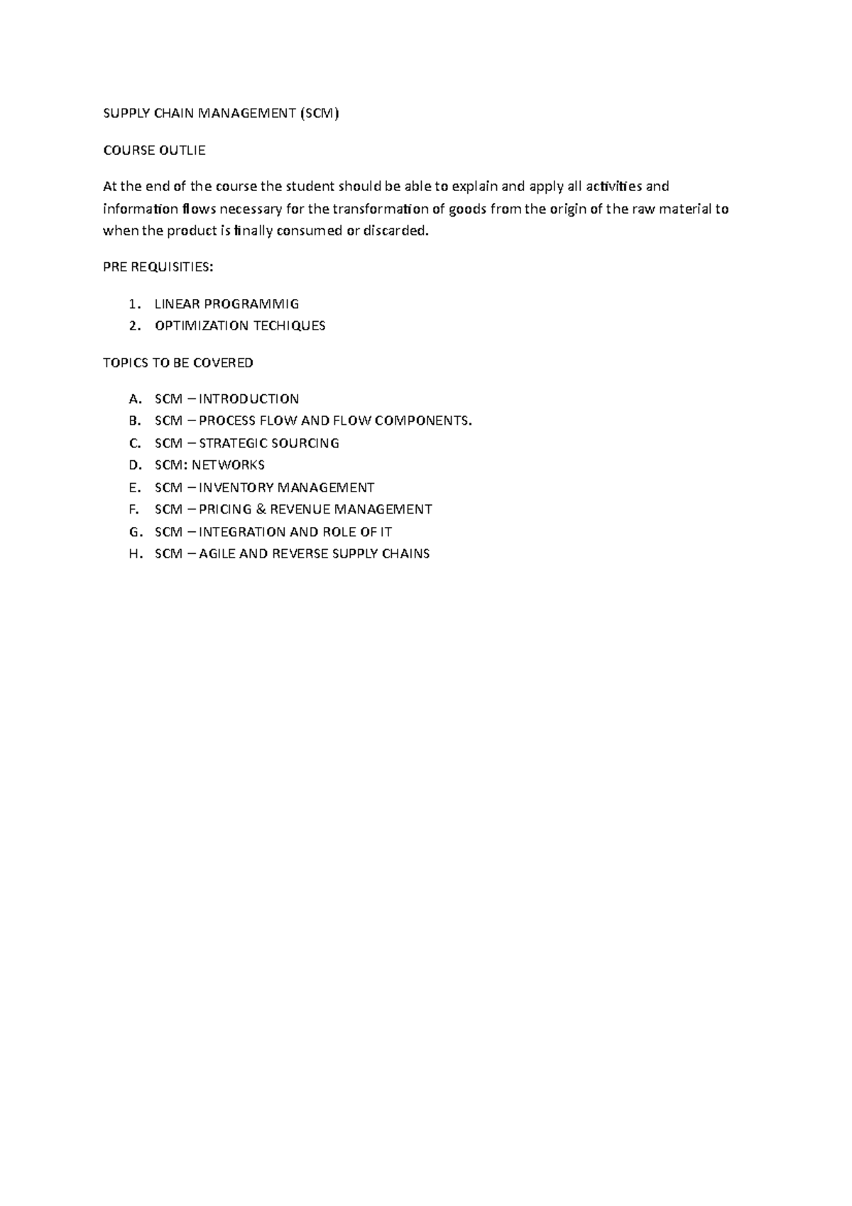 Supply Chain Management- Course Outline - SUPPLY CHAIN MANAGEMENT (SCM ...