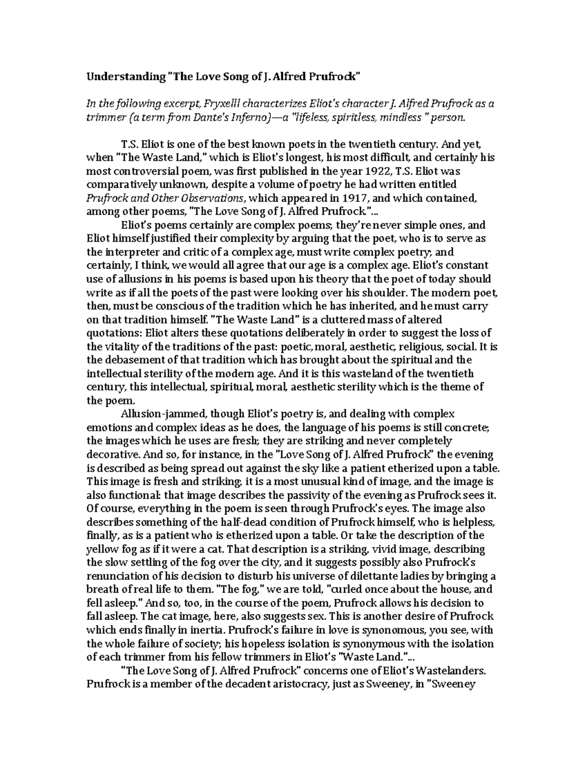 Fryxell - Understanding The Love Song Of J Alfred Prufrock ...