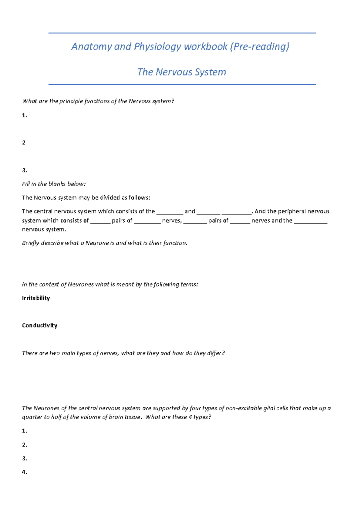 The Nervous System - Anatomy and Physiology workbook (Pre-reading) The ...