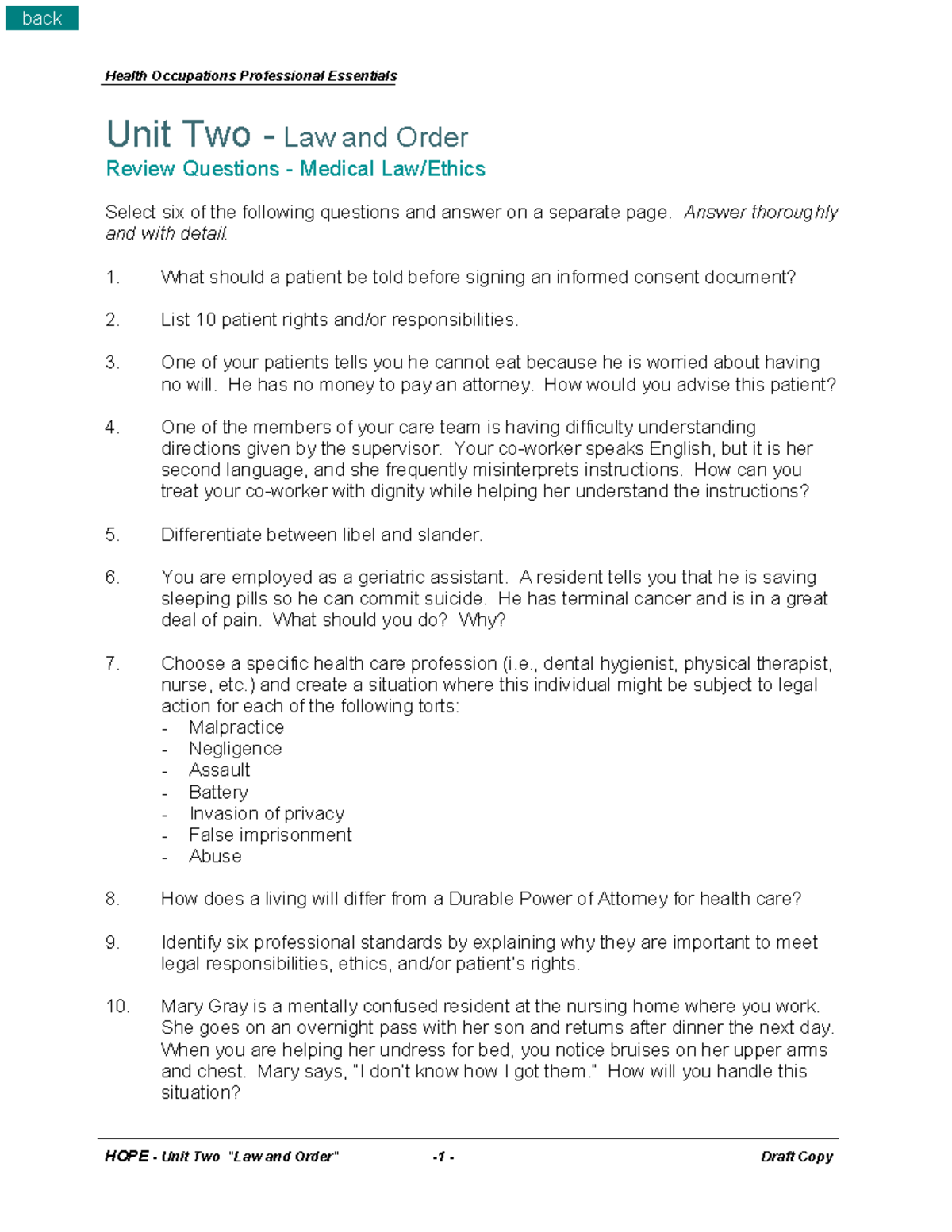 02Activity 12 Reviewquestionsmedlawethics (18) - Unit Two - Law and ...