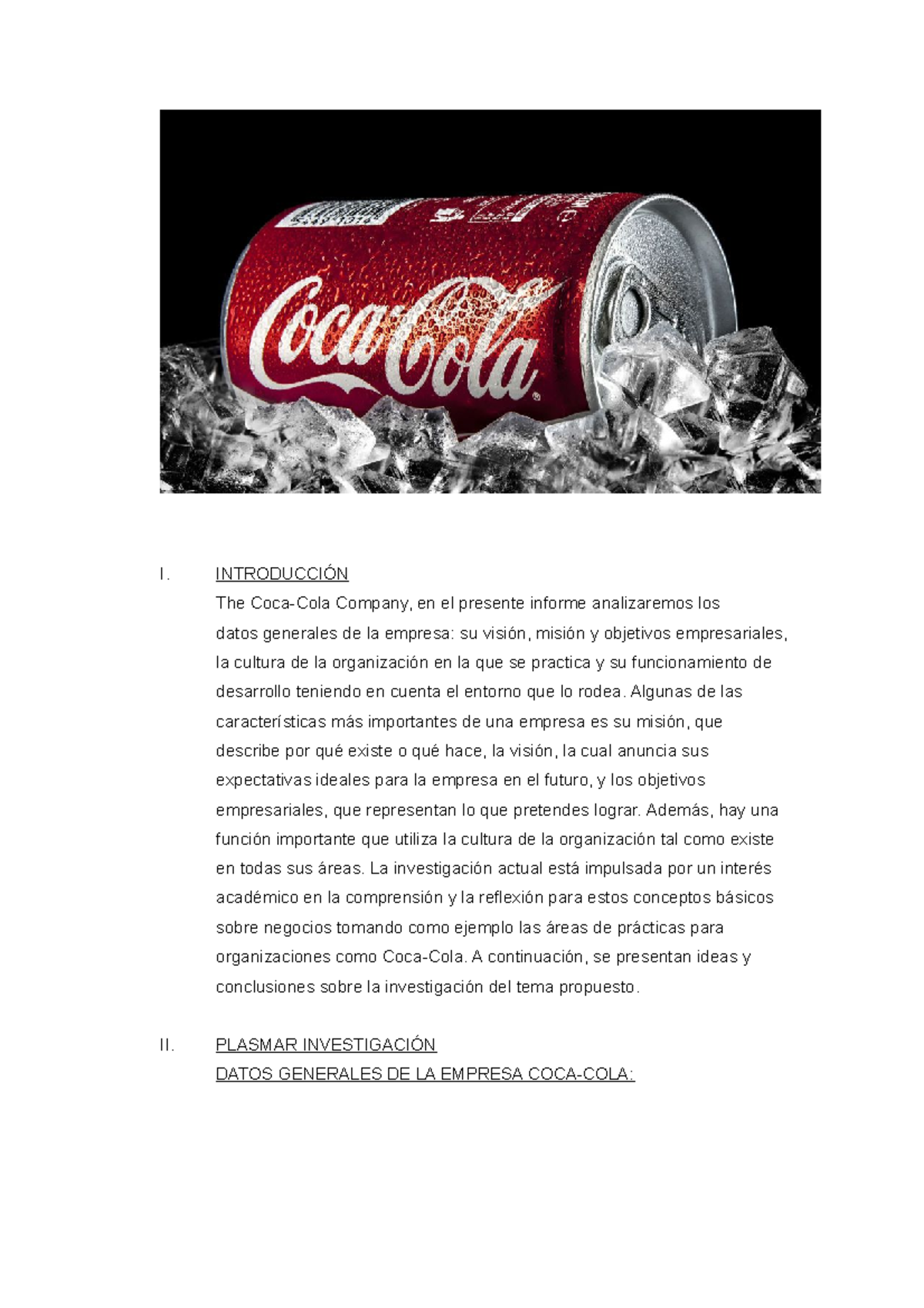 La empresa, su cultura e importancia - I. INTRODUCCIÓN The Coca-Cola ...