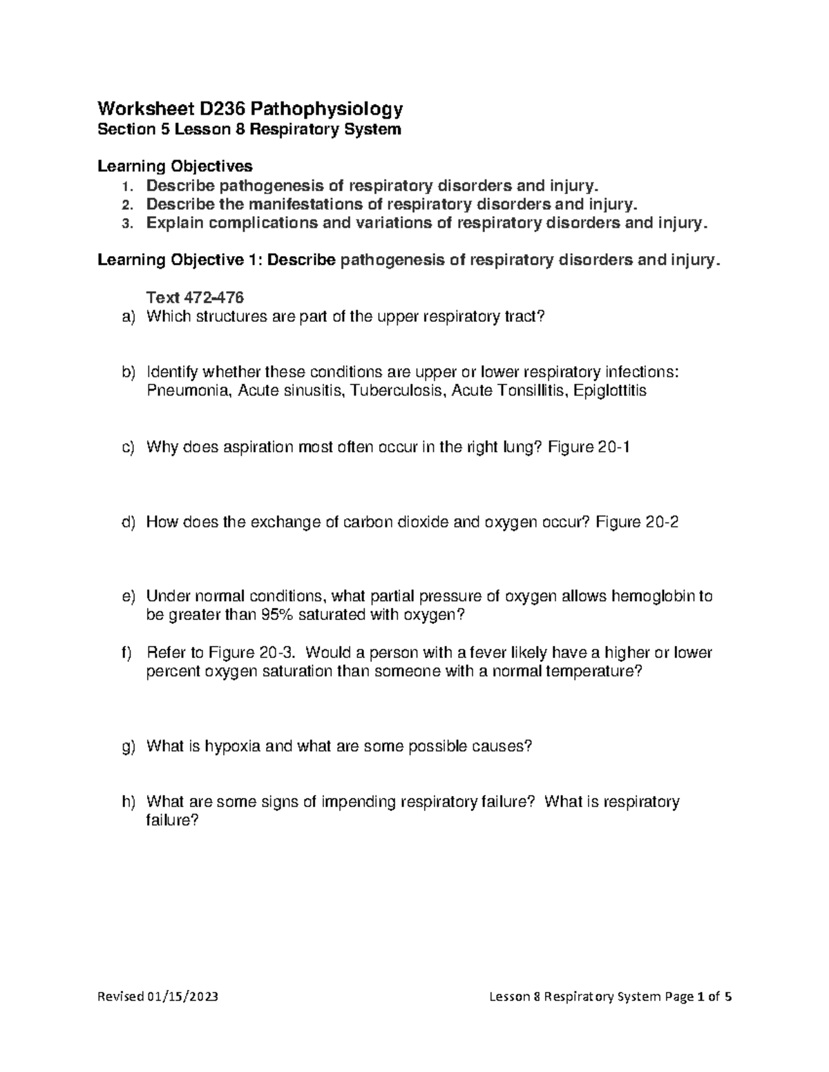 Lesson 8 Respiratory System - Worksheet D236 Pathophysiology Section 5 ...