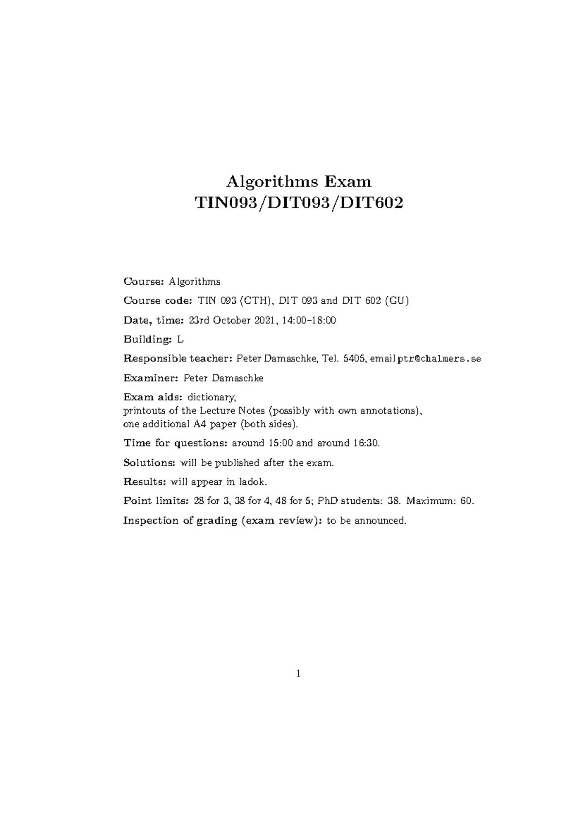 Exam 2021 Algoritm Algorithms Exam Tin093dit093dit Course Algorithms Course Code Tin 093 