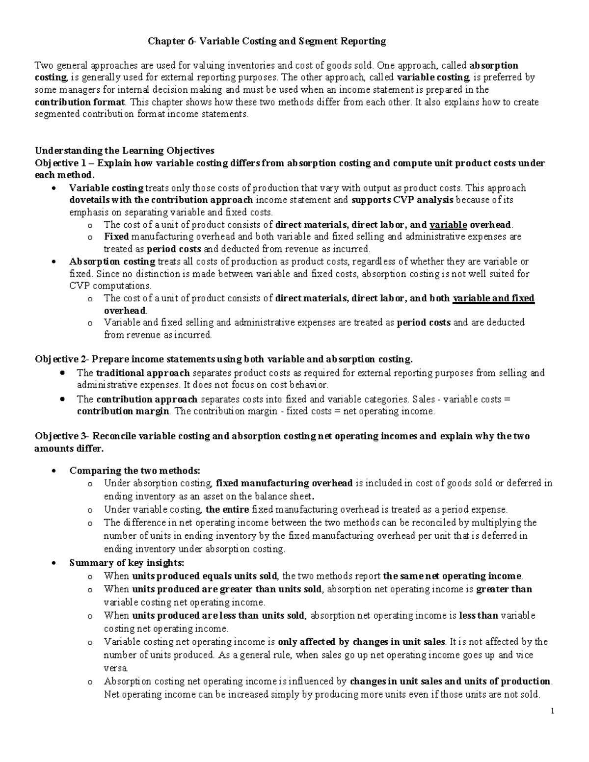 Chp 6 In Class - Chapter 6- Variable Costing and Segment Reporting Two general approaches are ...