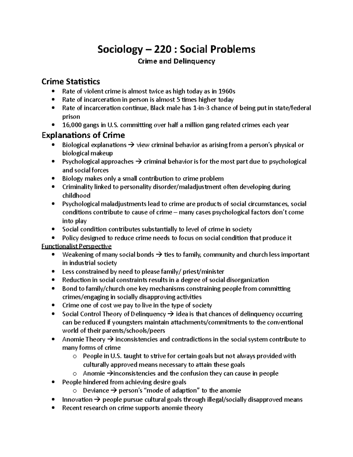 Crime and Delinquency - notes - Sociology – 220 : Social Problems Crime ...