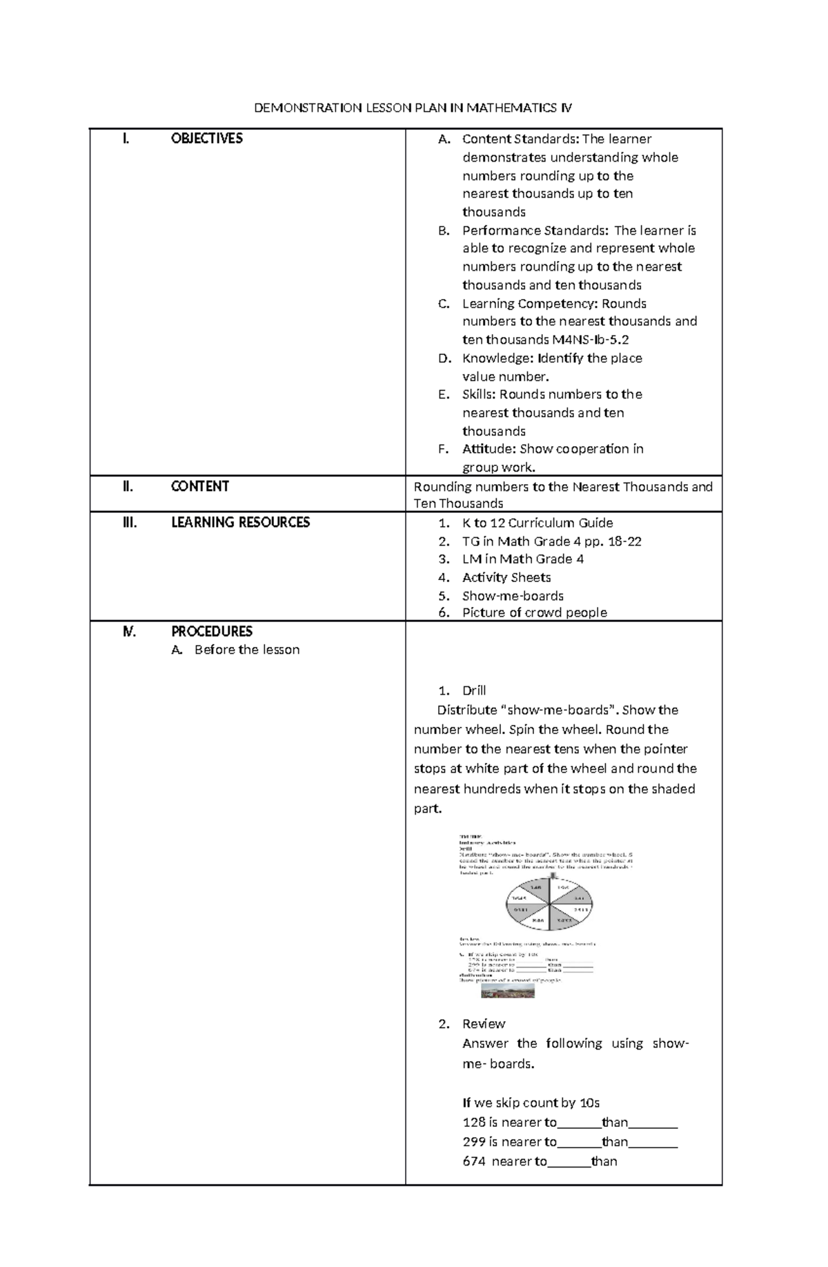 Demonstration Lesson PLAN IN Mathematics IV rounding up to the nearest ...