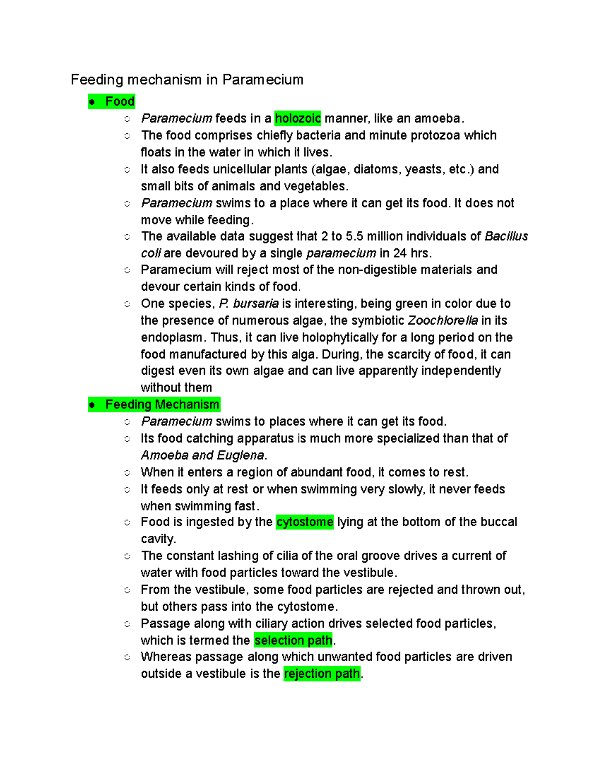 Feeding mechanism in Paramecium - The food comprises chiefly bacteria ...