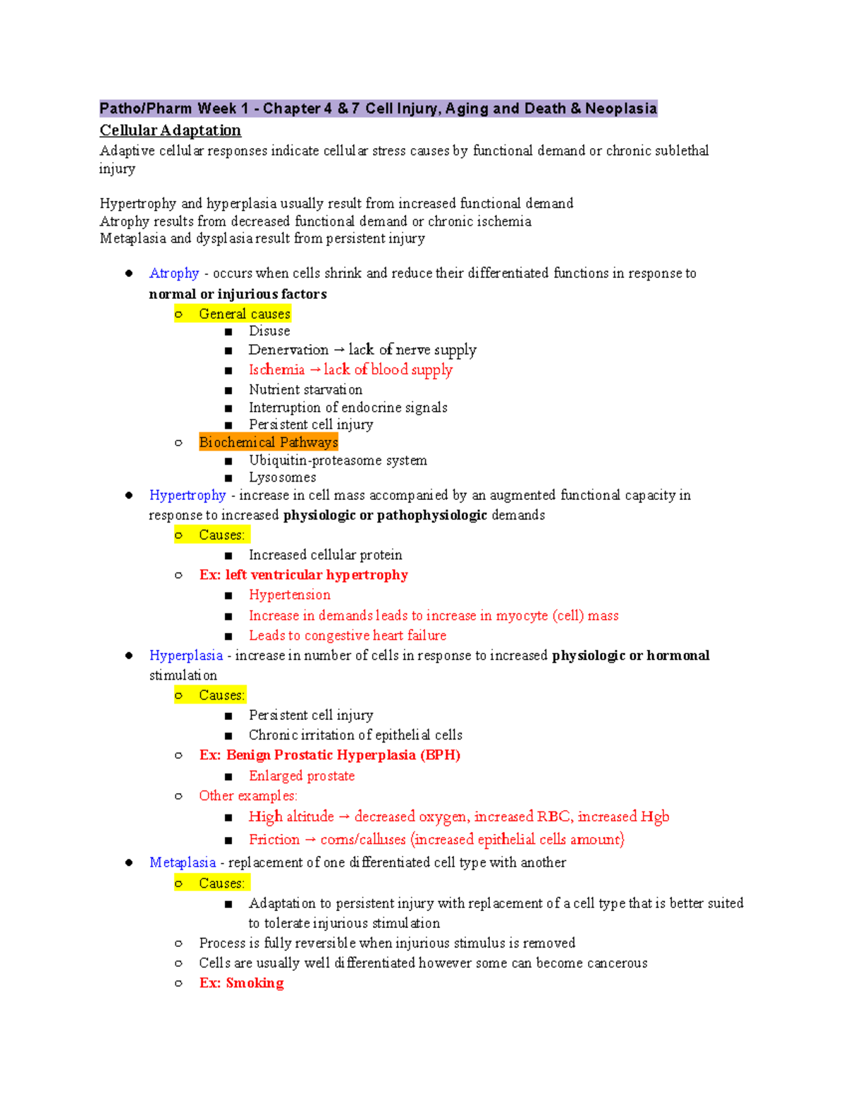 Week 1 Notes - week 1 - Patho/Pharm Week 1 - Chapter 4 & 7 Cell Injury ...