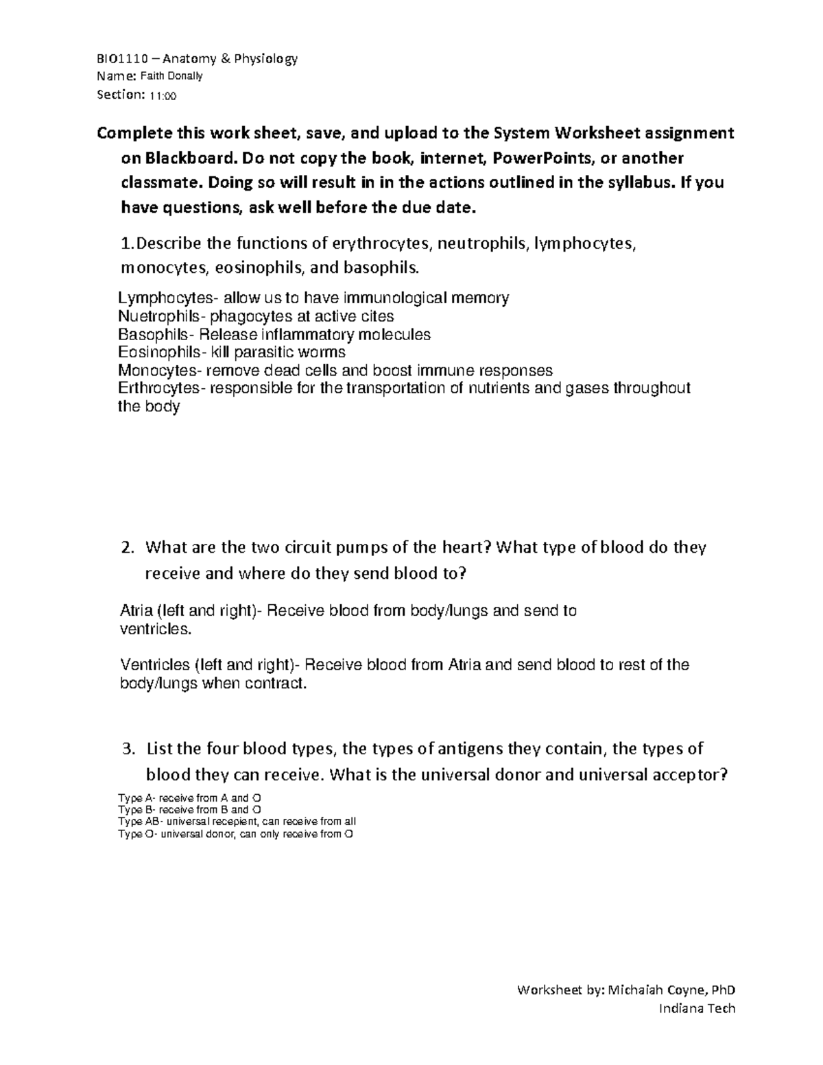 Anatomy 5 - homework - BIO1110 – Anatomy & Physiology Name: Section ...