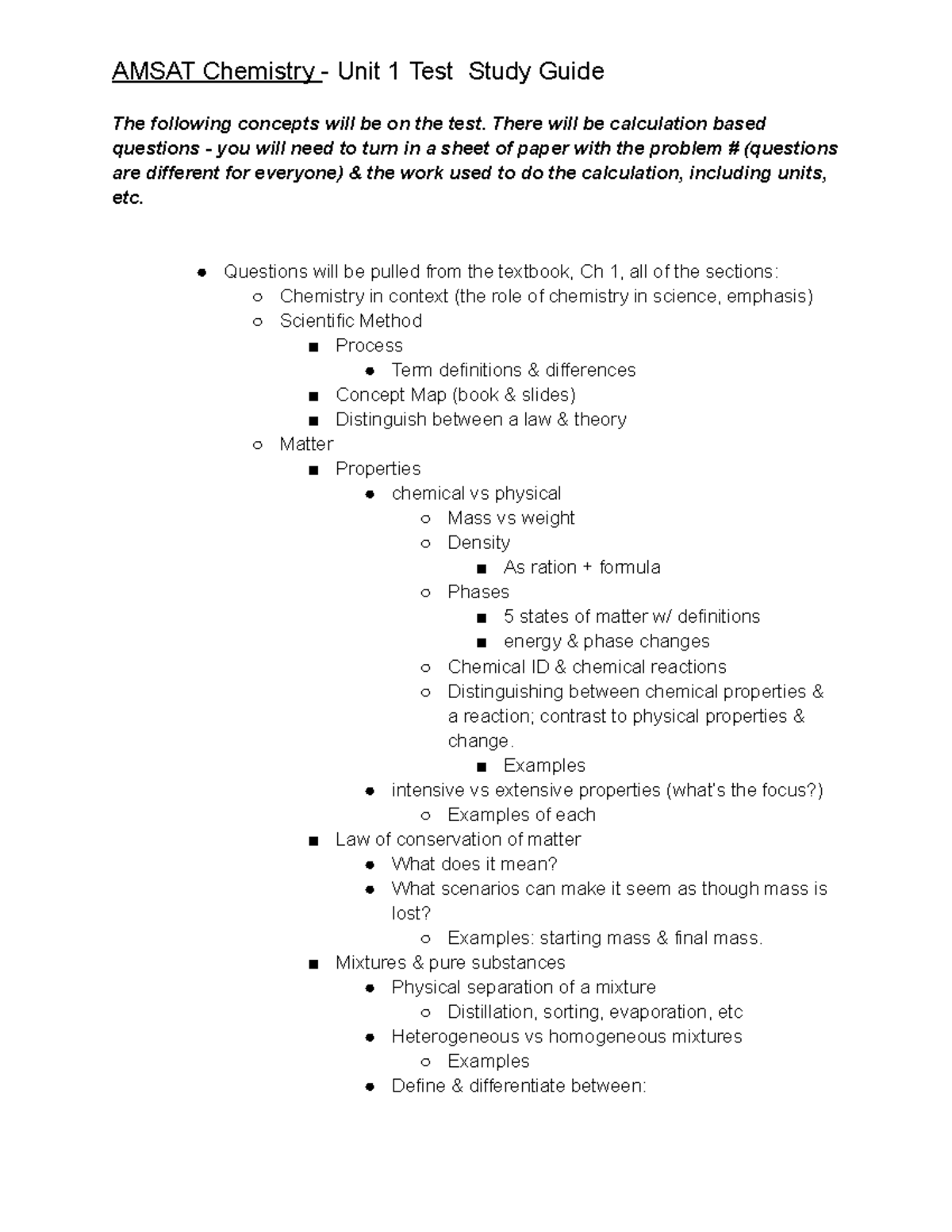 Unit 1 Study Guide - AMSAT Chemistry - Unit 1 Test Study Guide The ...