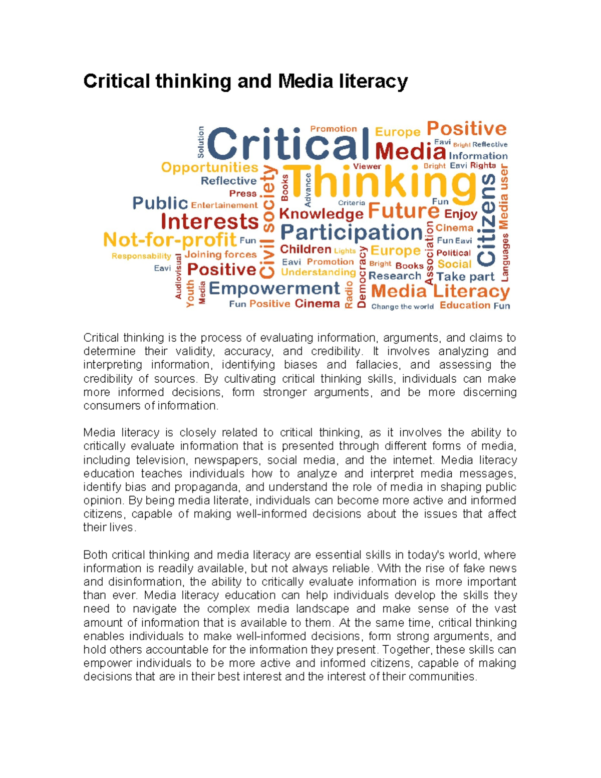 Critical Thinking and Media Literacy - Critical thinking and Media ...