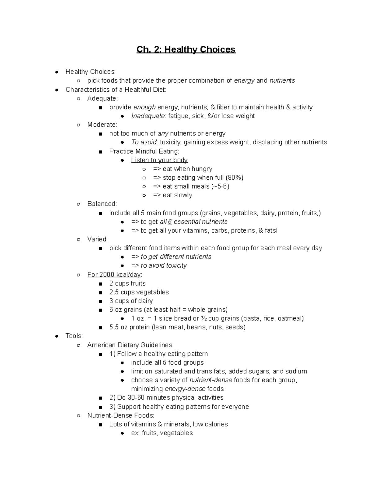 IPHY 2420 Ch. 2 Notes - Ch. 2: Healthy Choices Healthy Choices: pick ...